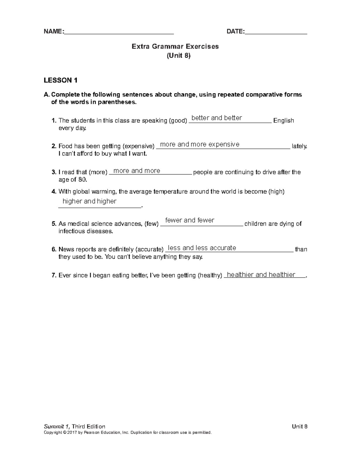 Summit 1 Unit 8 Extra Grammar Exercises for Improved English Skills ...