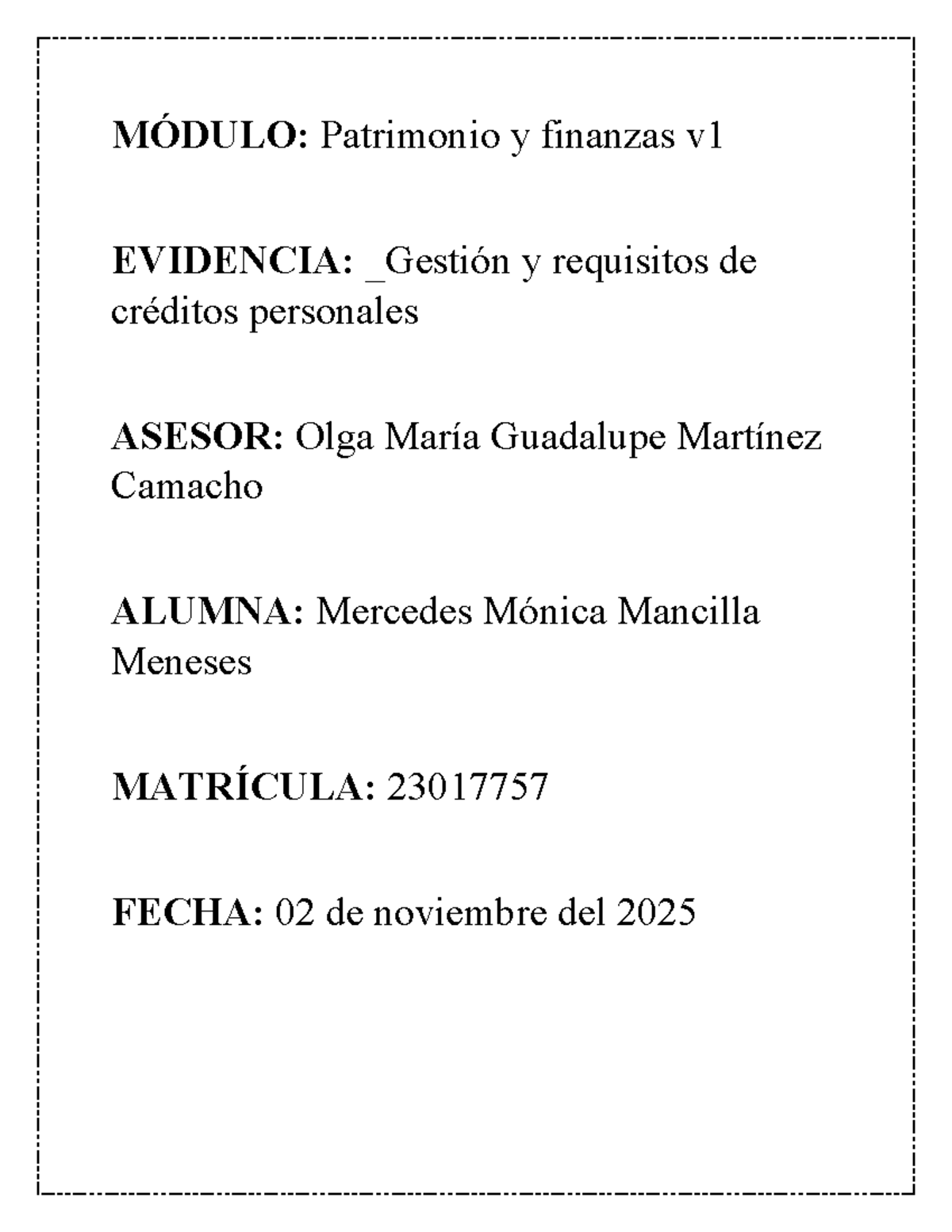 Módulo: Patrimonio y Finanzas - Gestión de Créditos Personales - Studocu