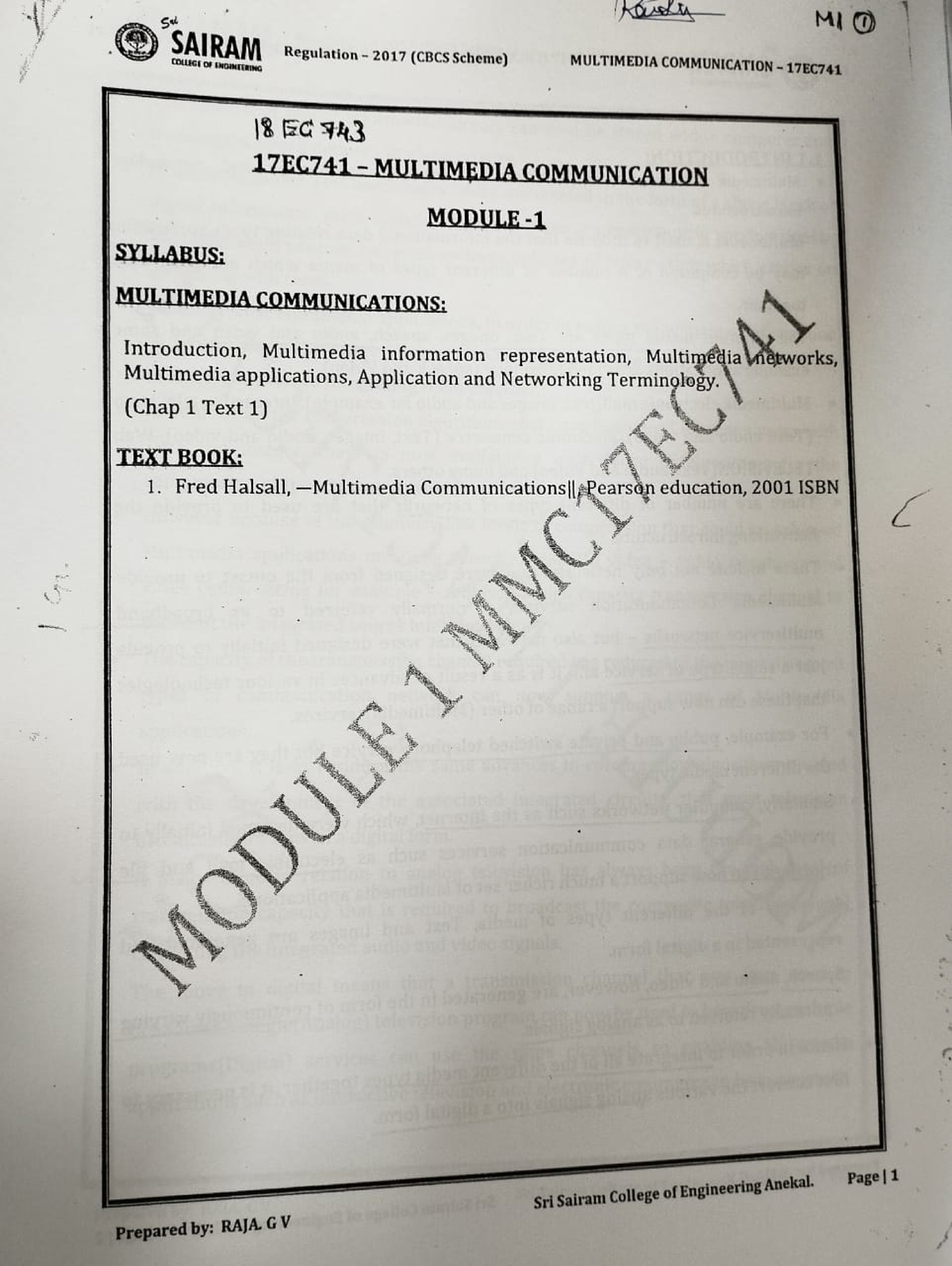 MMC 17EC741 - Module 1 Lecture Notes on Multimedia Communication - Studocu