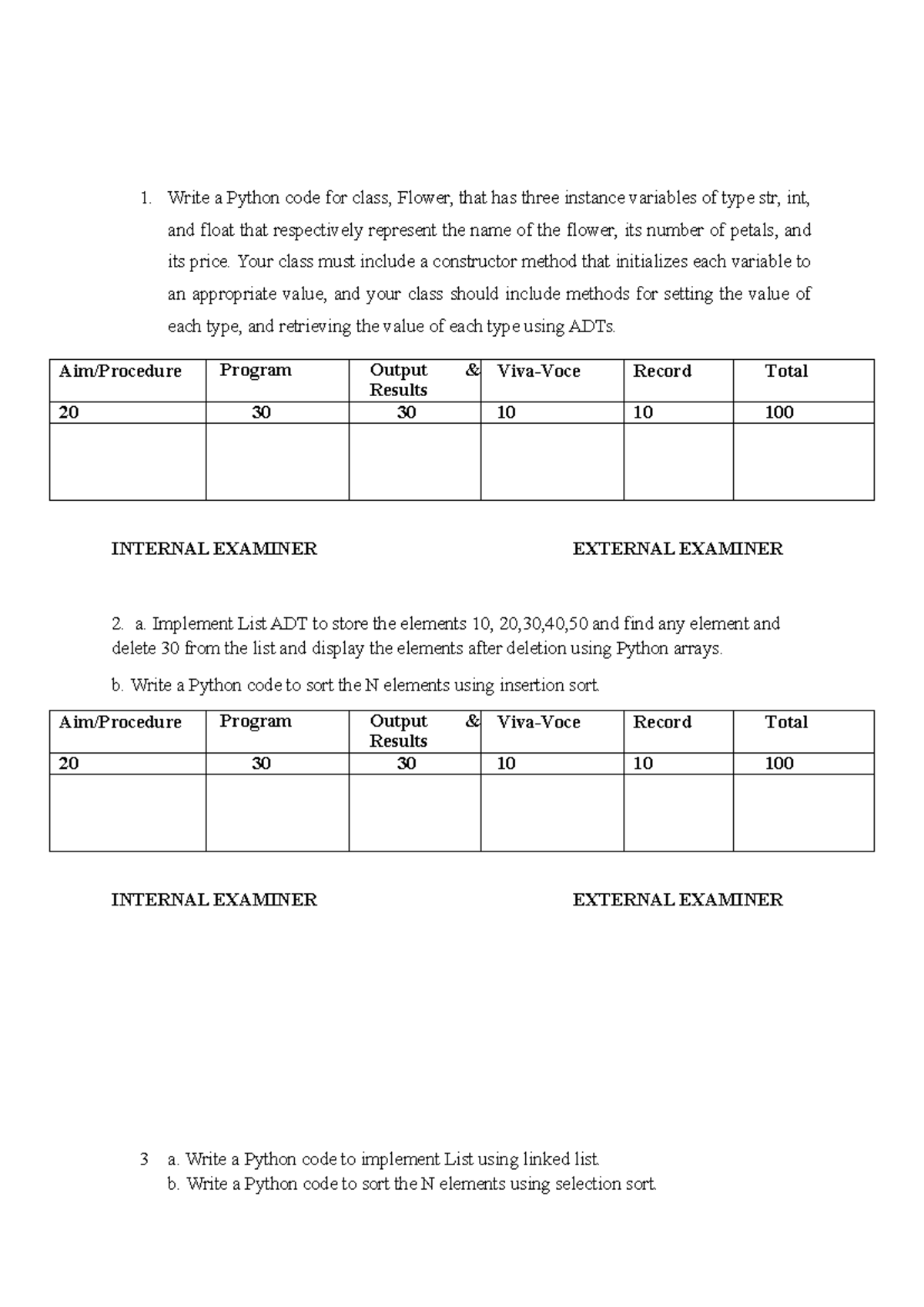 Lab Anna University Questions - Write a Python code for class, Flower ...