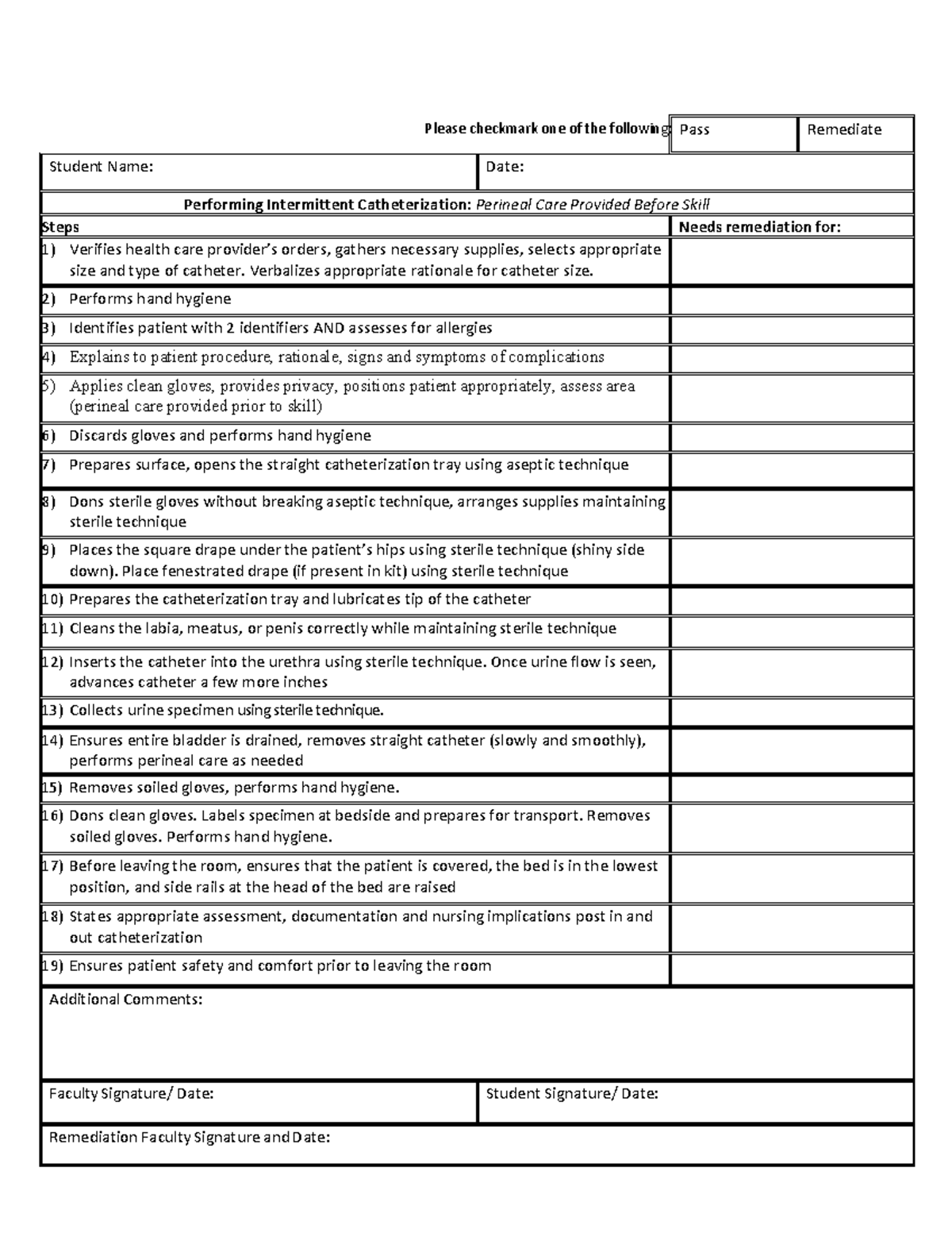In and Out Catheterization Skills Remediation Checklist - Studocu