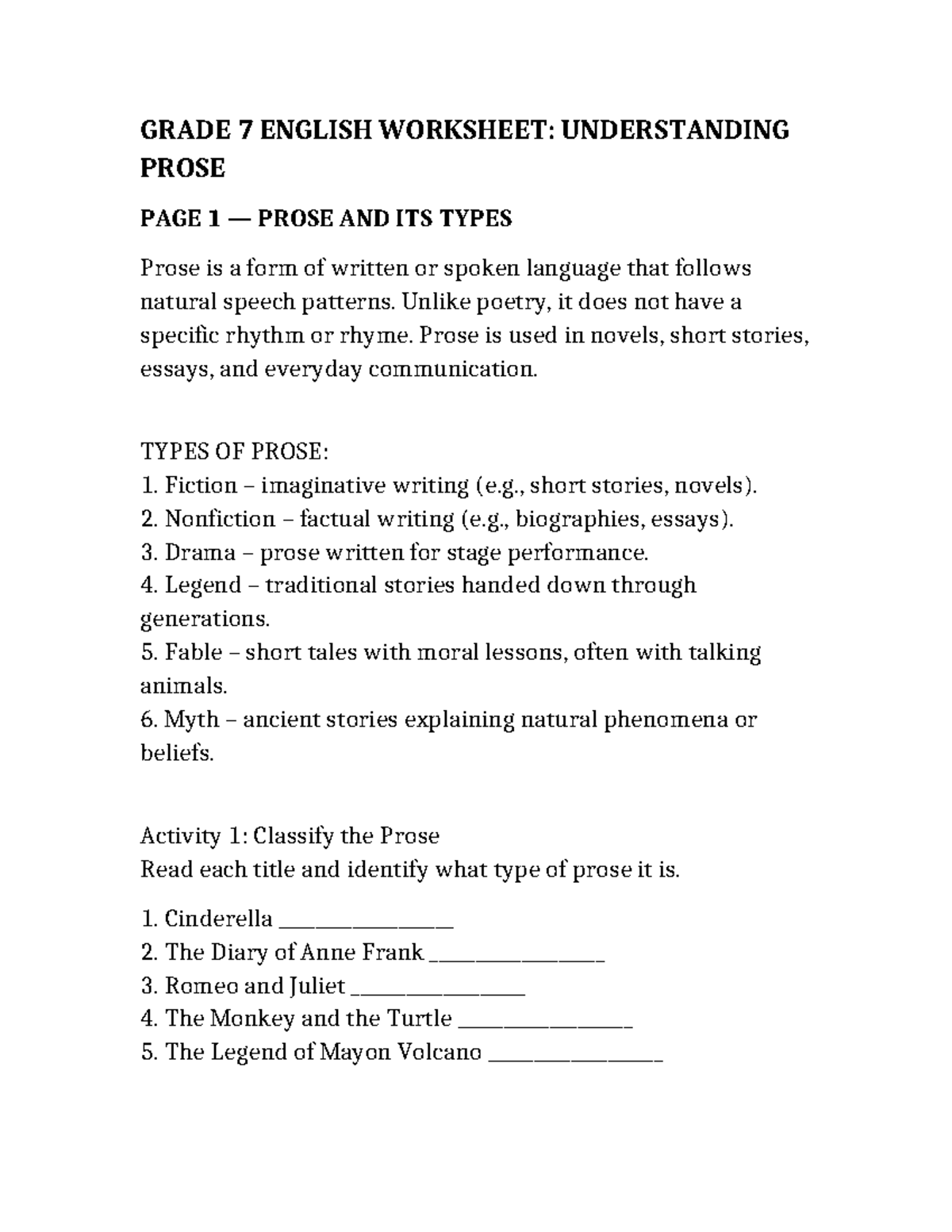 Grade 7 English Worksheet: Understanding Prose and Its Elements - Studocu