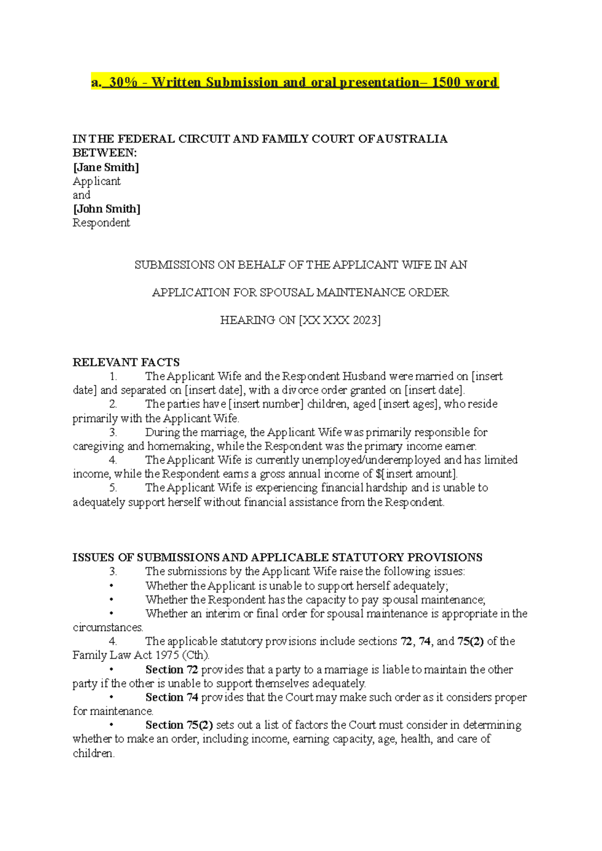 Written and oral submission for spousal maintenance order hearing - Studocu