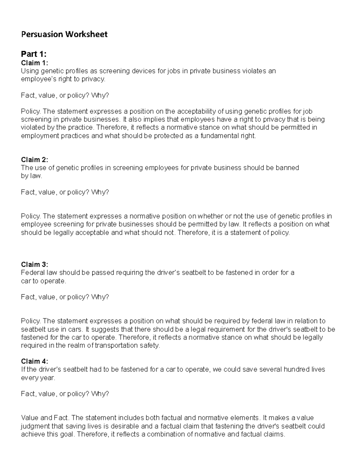 Chapter 16 Persuasion Activity: Analyzing Claims and Policies - Studocu