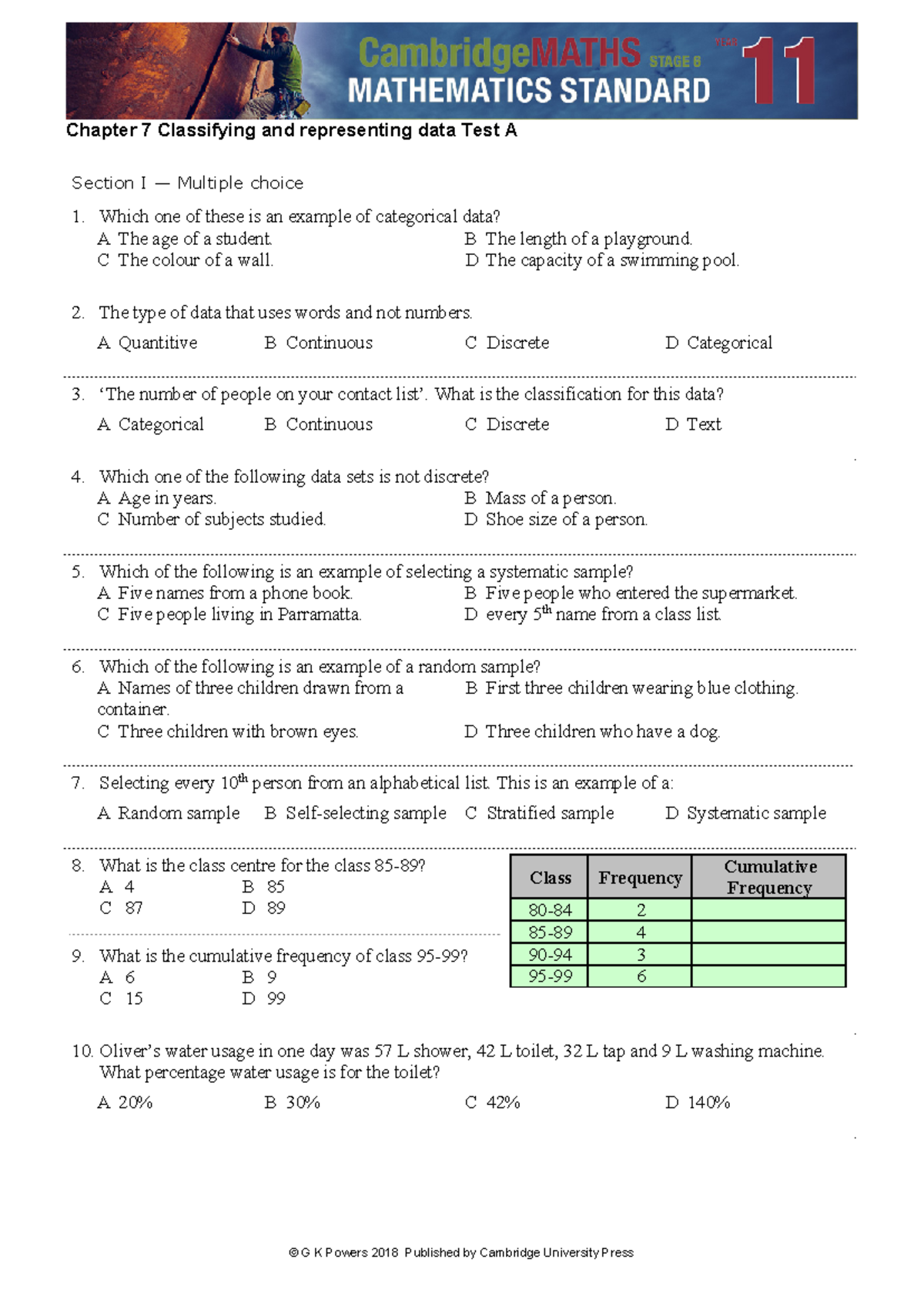 Chapter 7 Test A - Classifying and Representing Data - Studocu