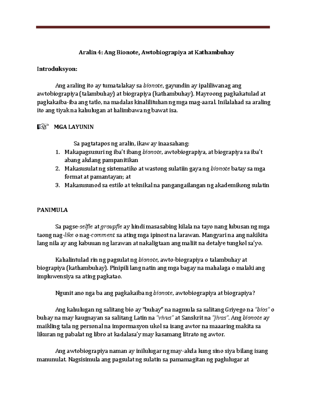 Yunit I Aralin 4: Pag-aaral ng Bionote, Awtobiograpiya at Biograpiya ...