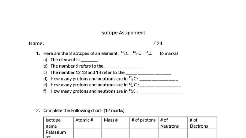 Isotope Assignment - Cours 24: Isotope Analysis and Calculations - Studocu