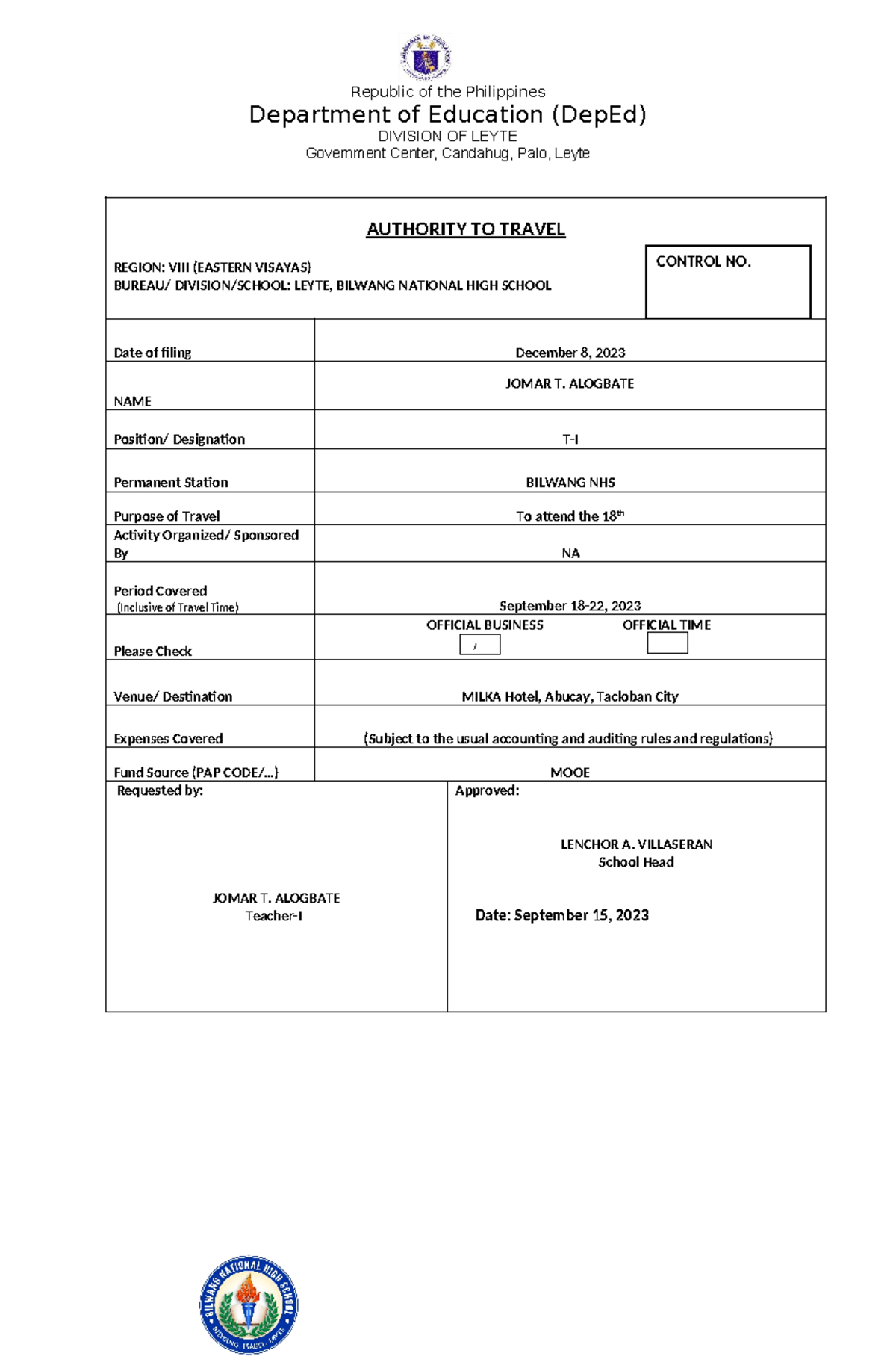 Travel Order and Itinerary for Official Business - DepEd Region VIII ...