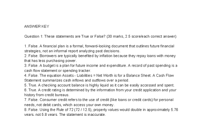 Financial Planning & Management: Answer Key (Course Code: FIN101) - Studocu