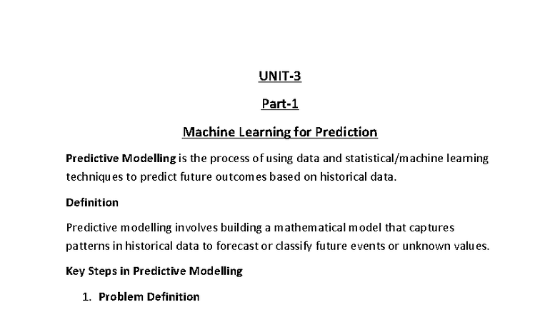 UNIT-3: Machine Learning for Predictive Modelling Techniques - Studocu