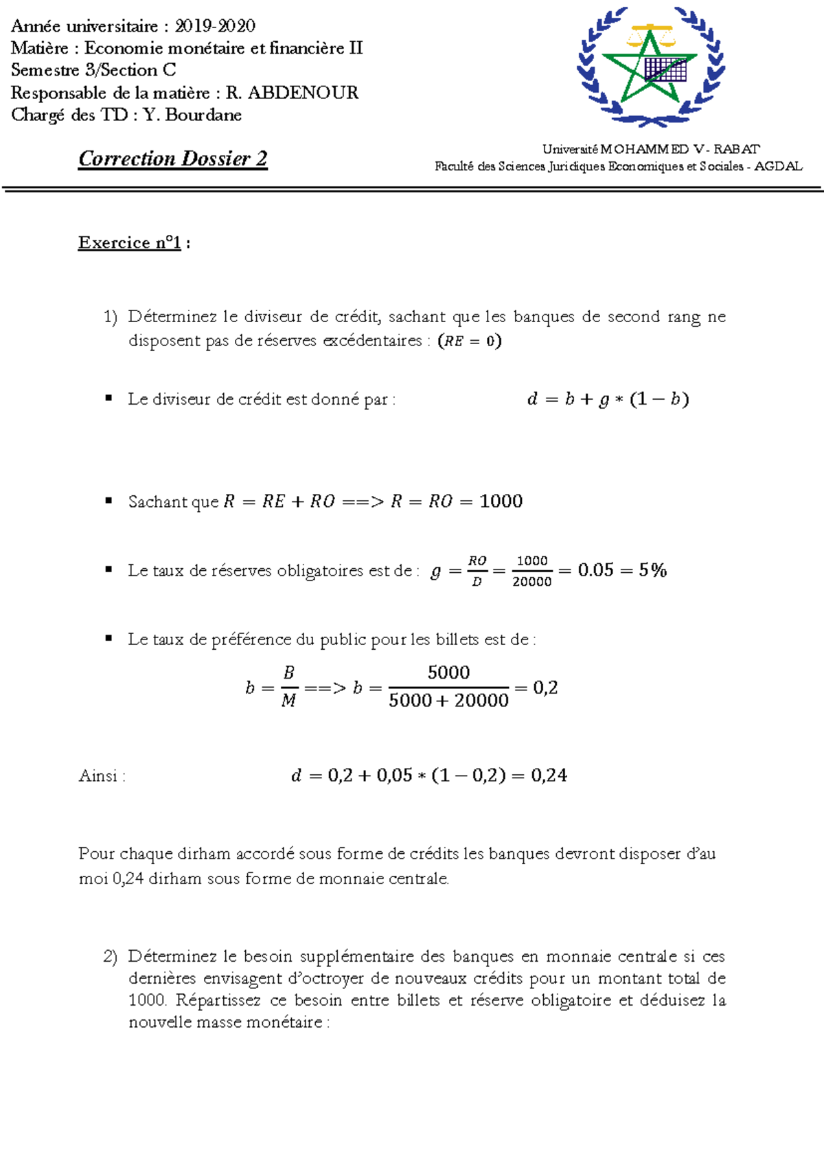Correction -TD 2 - Warning: TT: undefined function: 32 Année universitaire : 2019- 2020 Matière ...