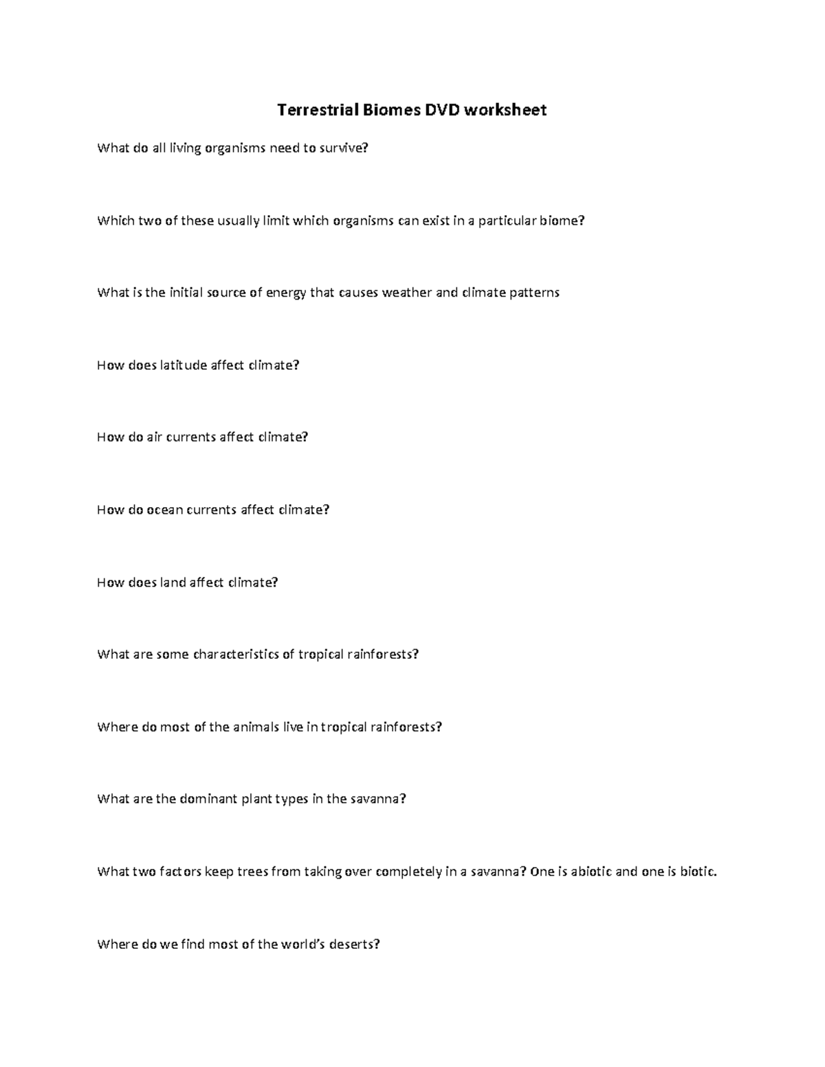 Terrestrial Biomes Worksheet: Key Concepts and Adaptations Review - Studocu