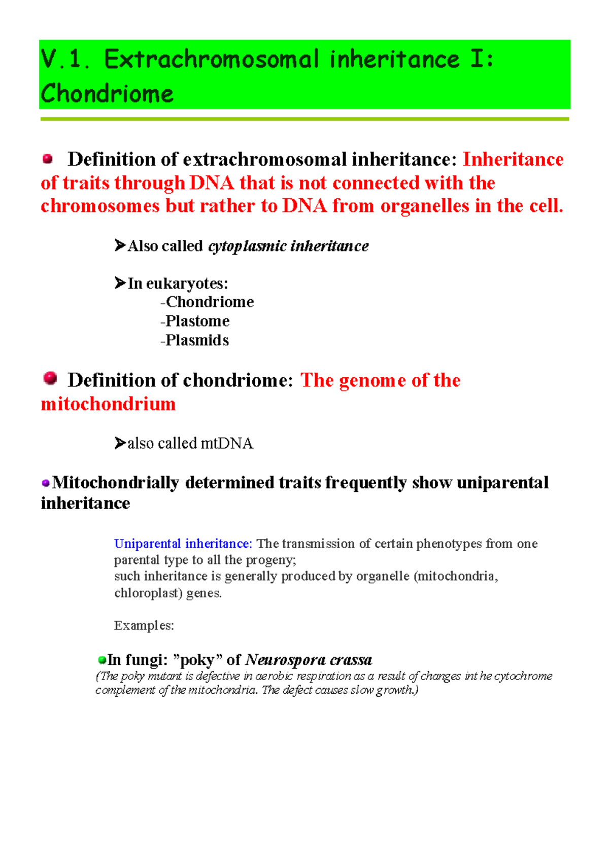 V.1. Extrachromosomal inheritance I - V. Extrachromosomal inheritance I ...