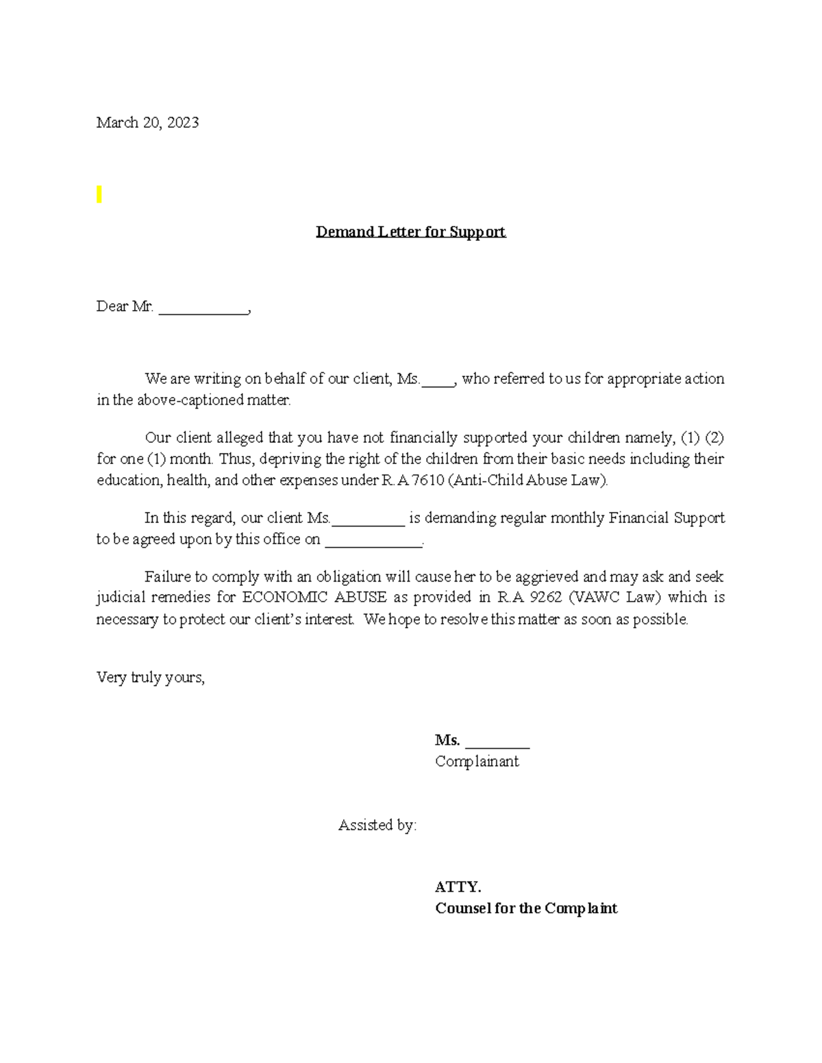 Legal Demand Letter for Child Support - R.A. 7610 / R.A. 9262 - Studocu