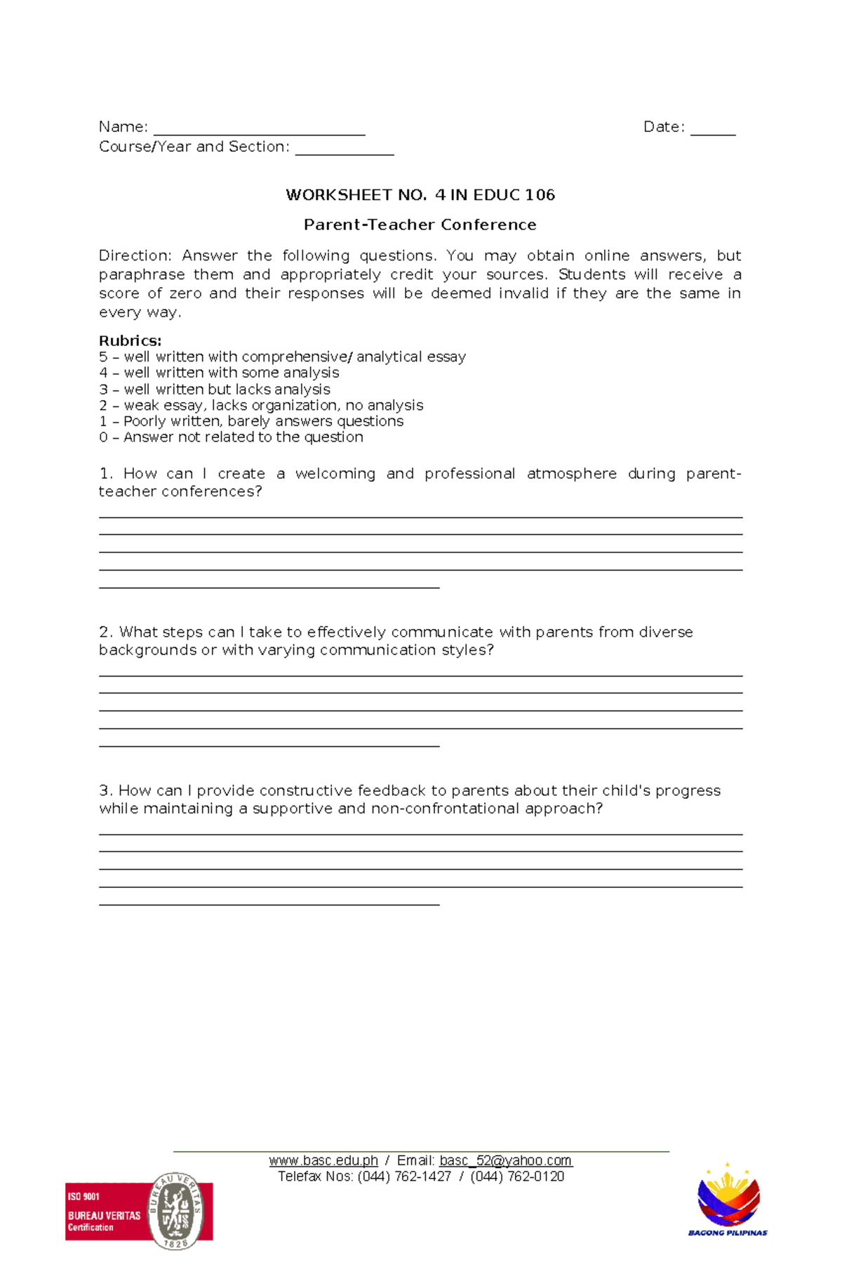 Worksheet No. 4 - Essay questions - Name: ____________________________ Date: ______ Course/Year ...
