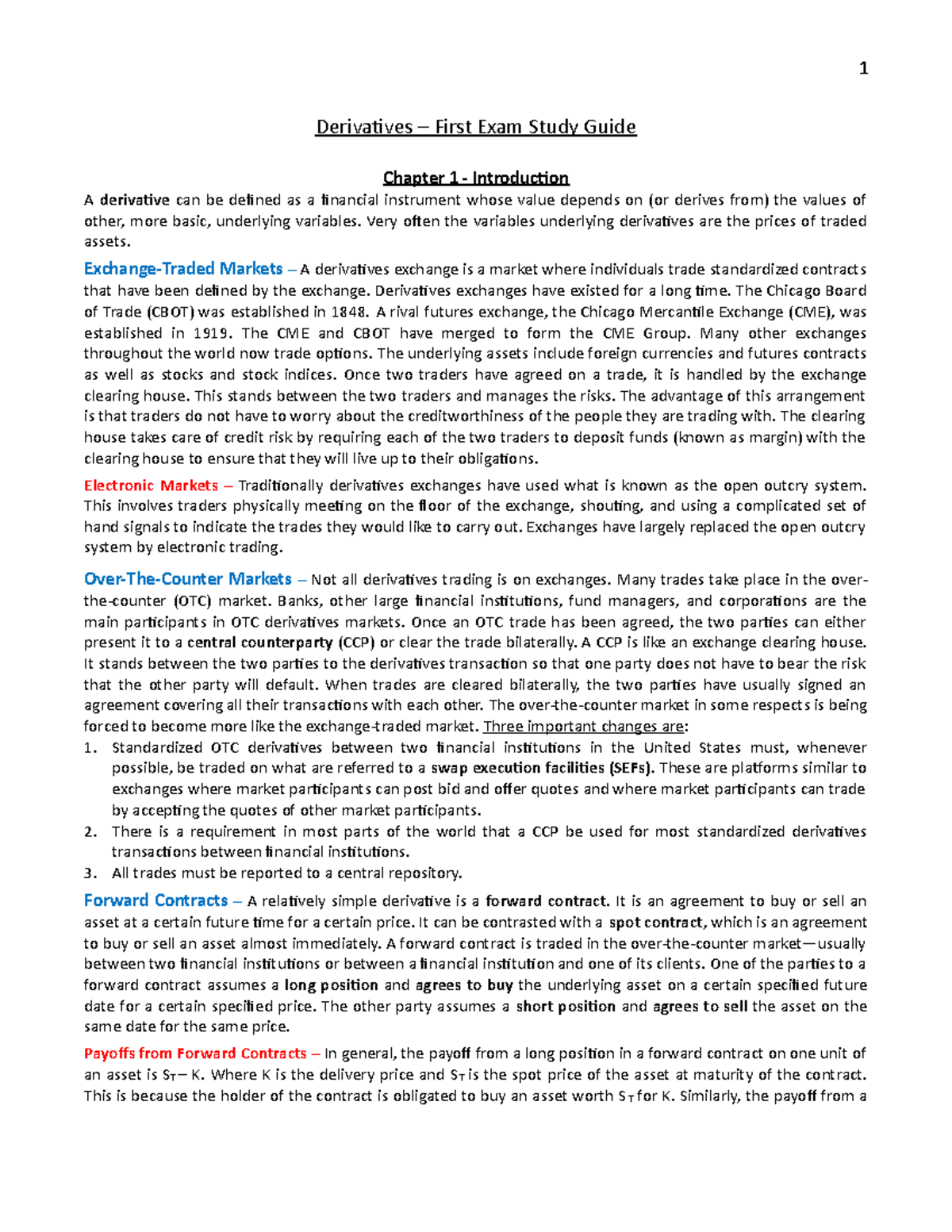 Derivatives - First Exam Study Guide - Derivatives – First Exam Study ...