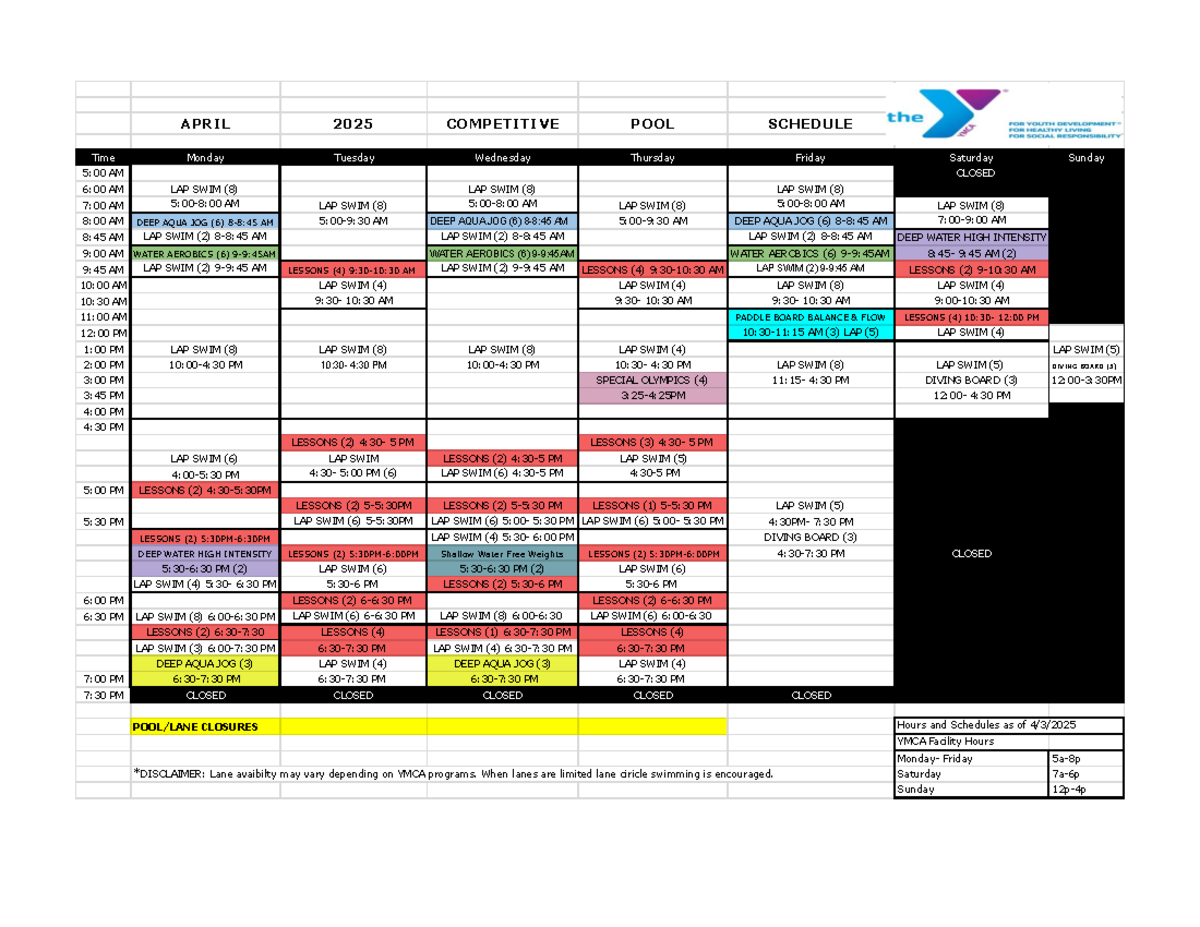 April 2025 Competitive Pool Schedule - YMCA - Studocu
