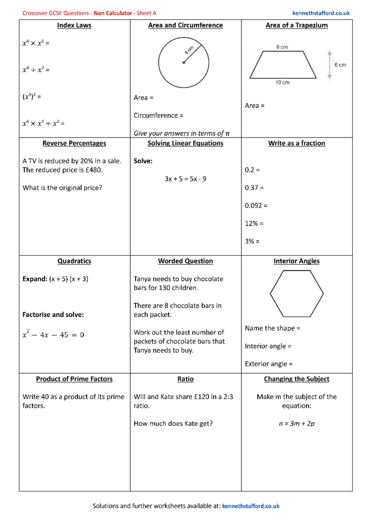 Crossover GCSE Non-Calc Questions Sheet A - Math Practice Guide - Studocu