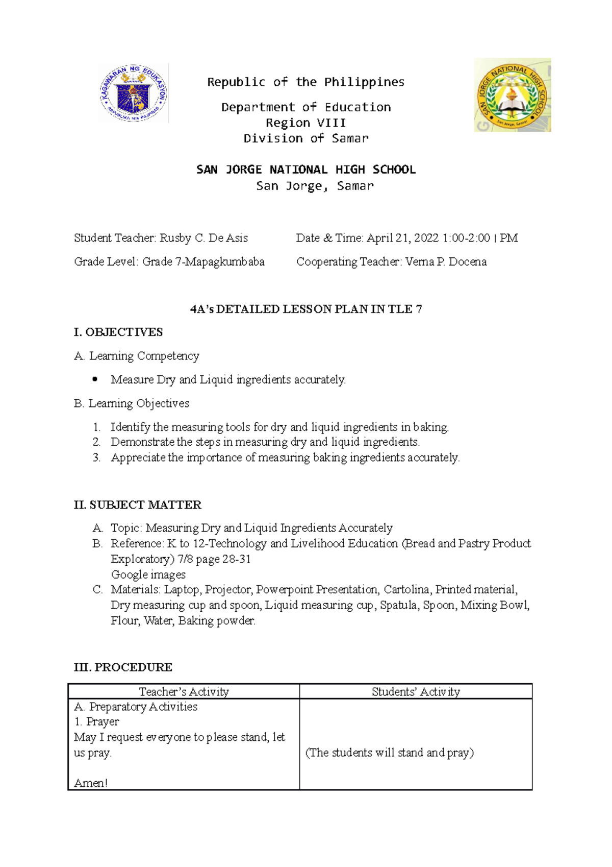 TLE 7- Lesson Plan - Republic of the Philippines Department of ...