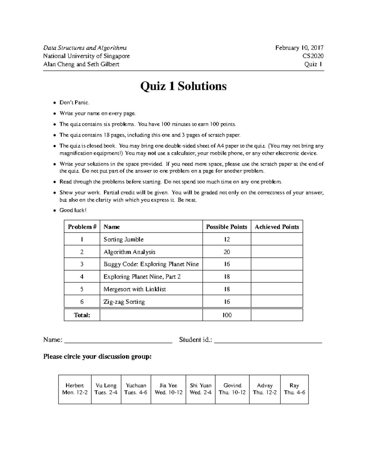 CS2020 Quiz 1 Solutions - Data Structures & Algorithms - Studocu