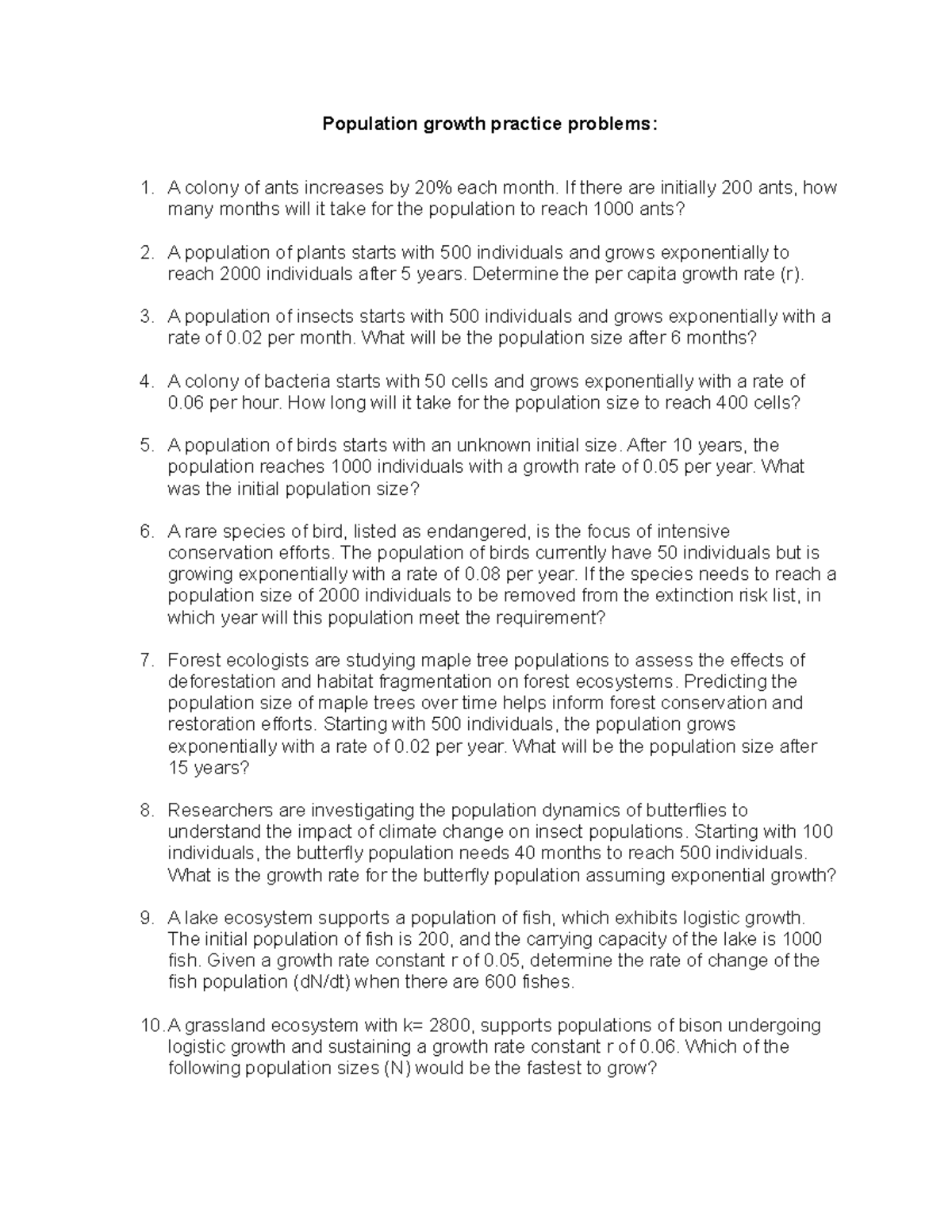 Population Growth Practice Problems: Extra Credit Exercises - Studocu