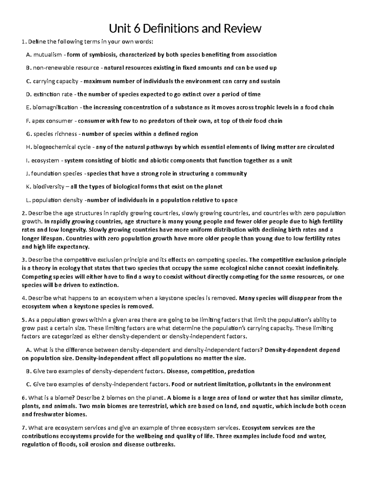 Unit 6: Key Terms and Ecosystem Concepts Review - Studocu