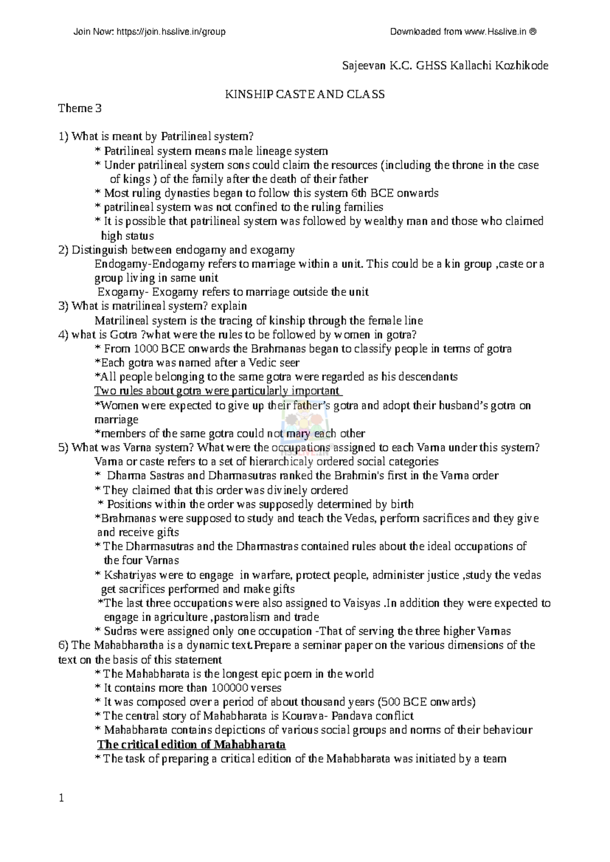 HSSLIVE XII History Chapter 3: Kinship, Caste, and Class Insights - Studocu