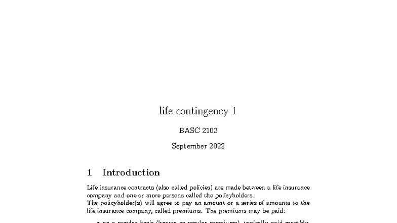 Life Contingency Concepts and Pricing - BASC 2103 Lesson 1 - Studocu