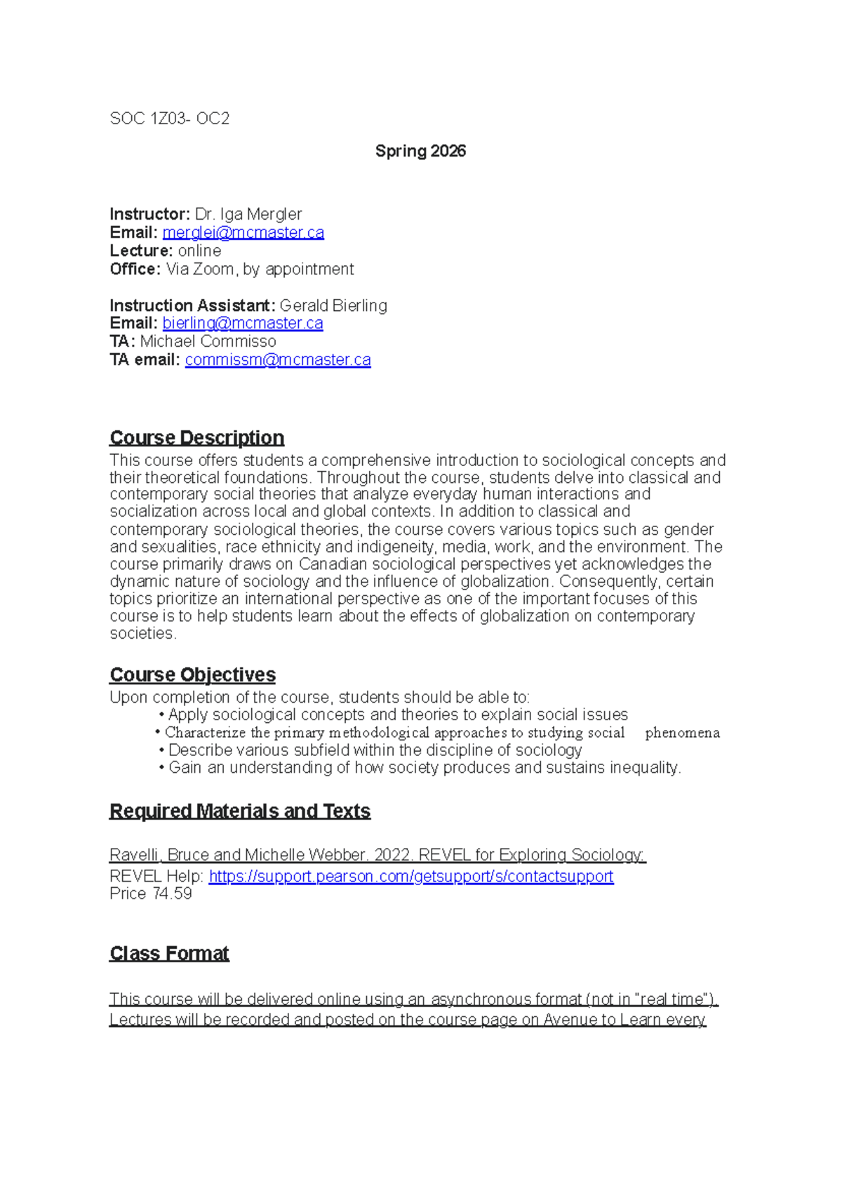 SOC 1Z03 Syllabus: Introduction to Sociology - Spring 2026 - Studocu