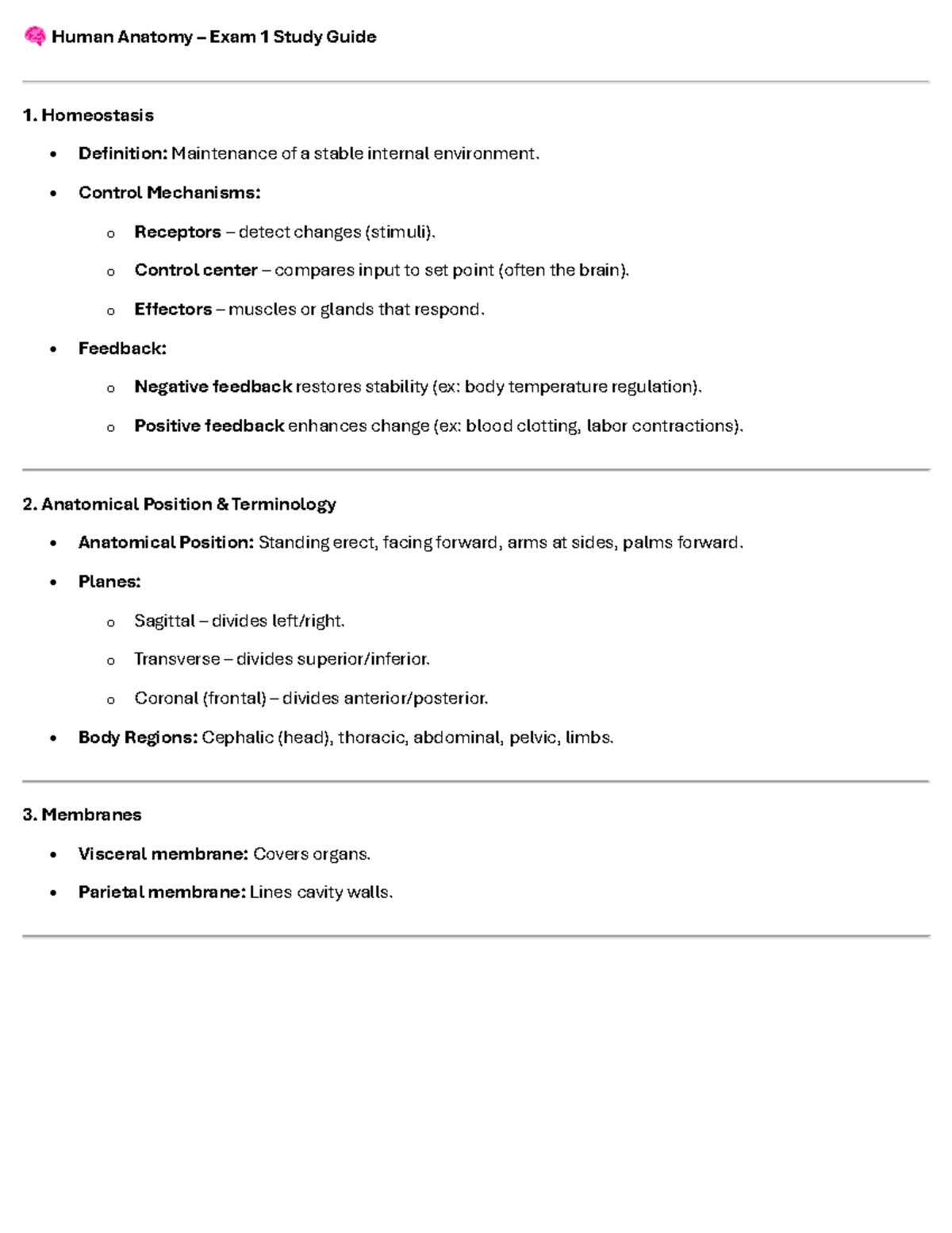 Human Anatomy Exam 1 Study Guide: Key Concepts and Terms - Studocu