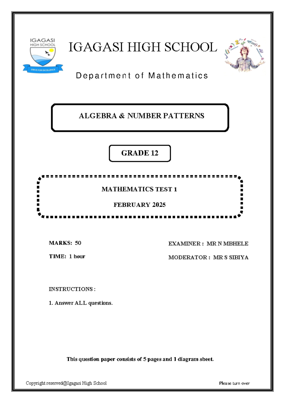 Grade 12 Mathematics Test 1: Algebra & Number Patterns - Feb 2025 - Studocu