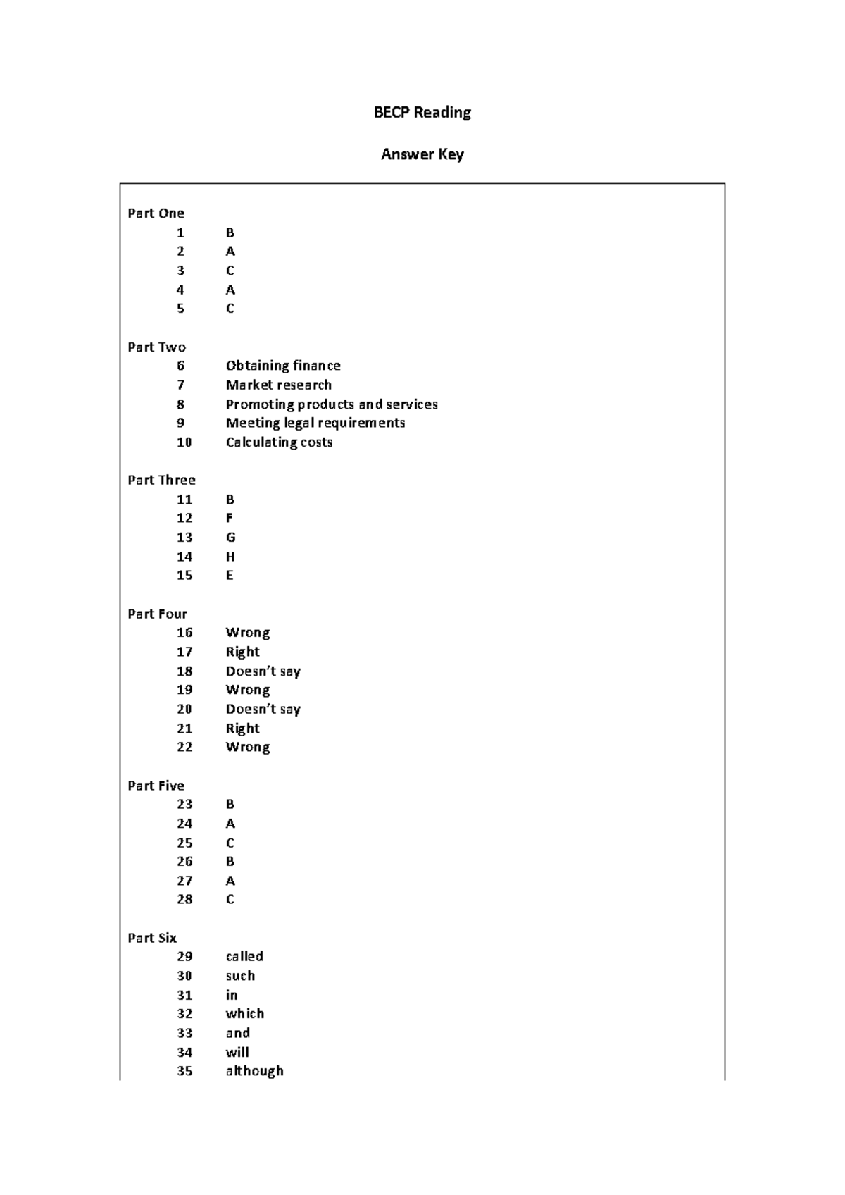 142001 CB BEC Preliminary Reading Answer Key Overview - Studocu