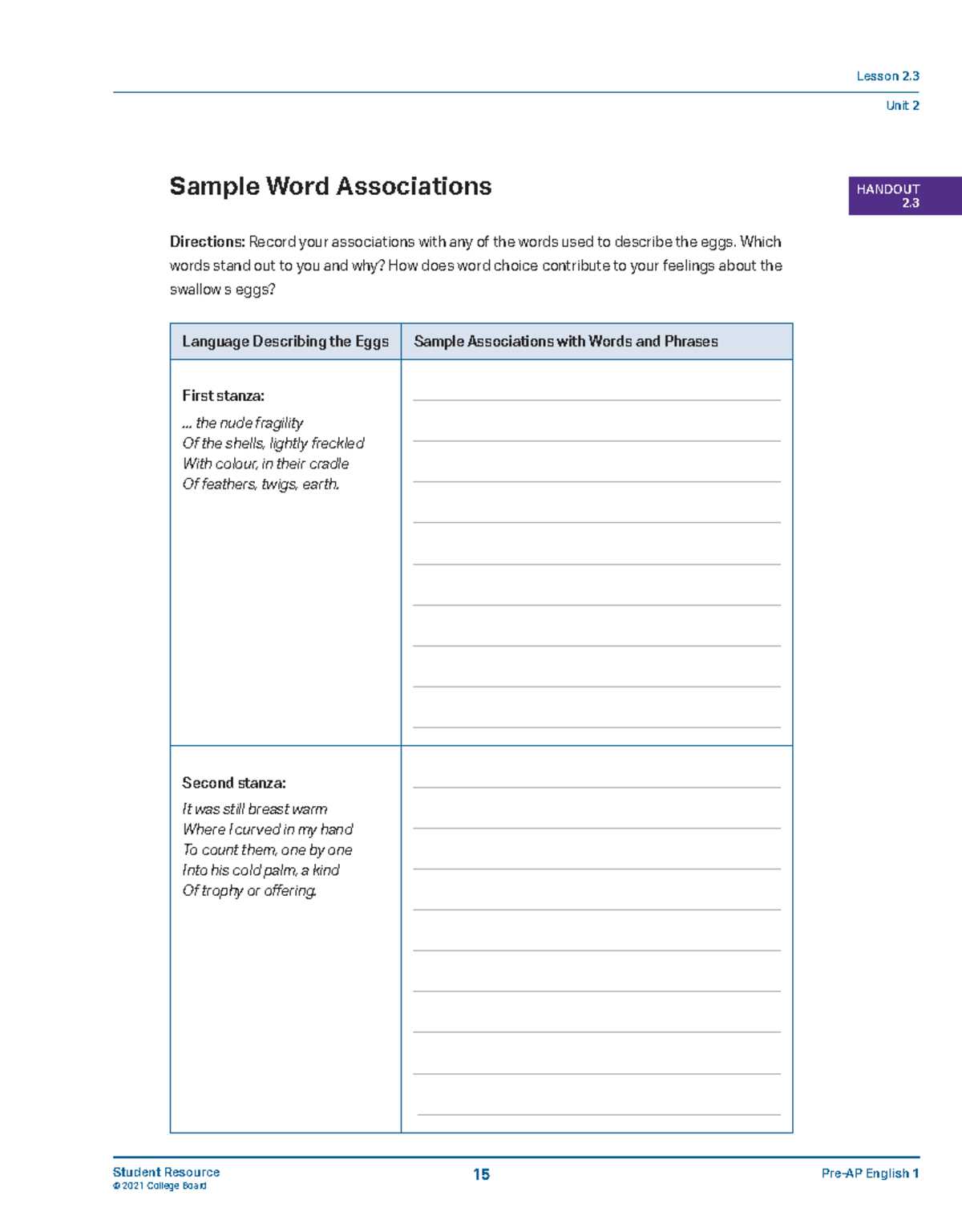Eng 1 - Lesson 2.3 Unit 2 Word Associations & Analysis Handout - Studocu