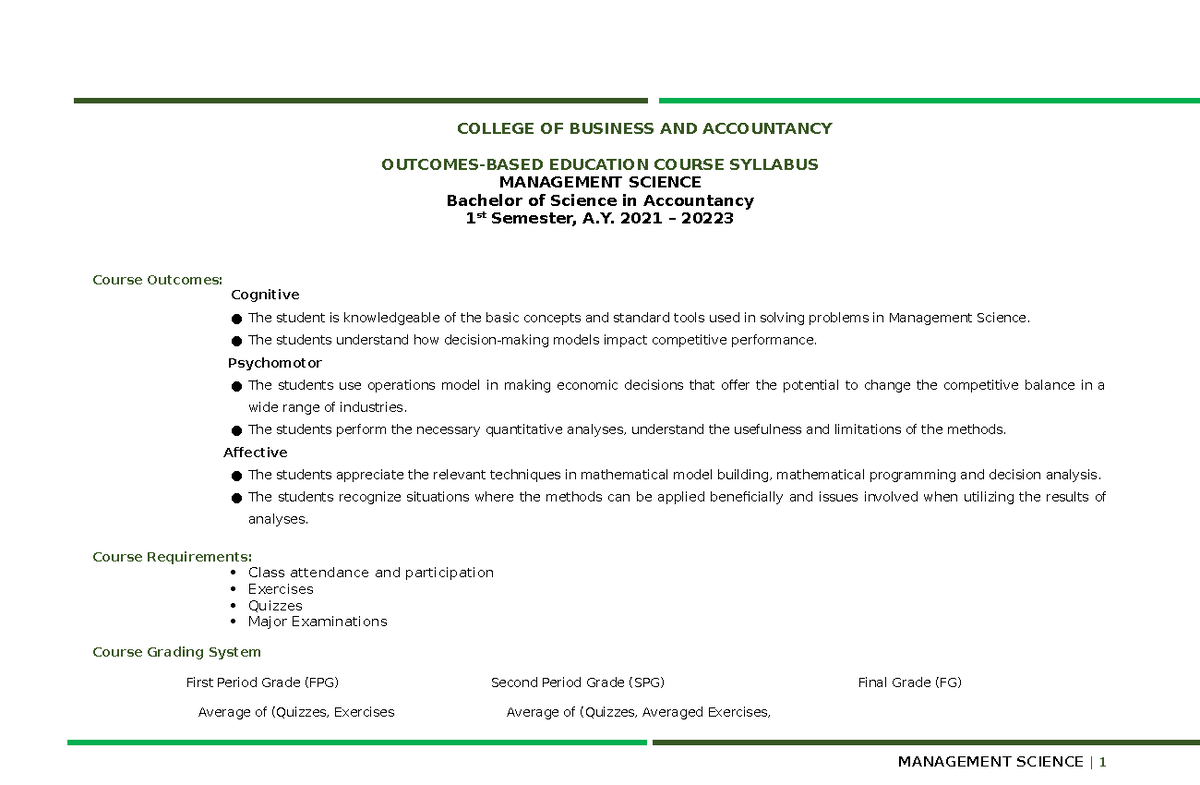 Management Science Syllabus for BSA - 1st Sem A.Y. 2021-2023 - Studocu