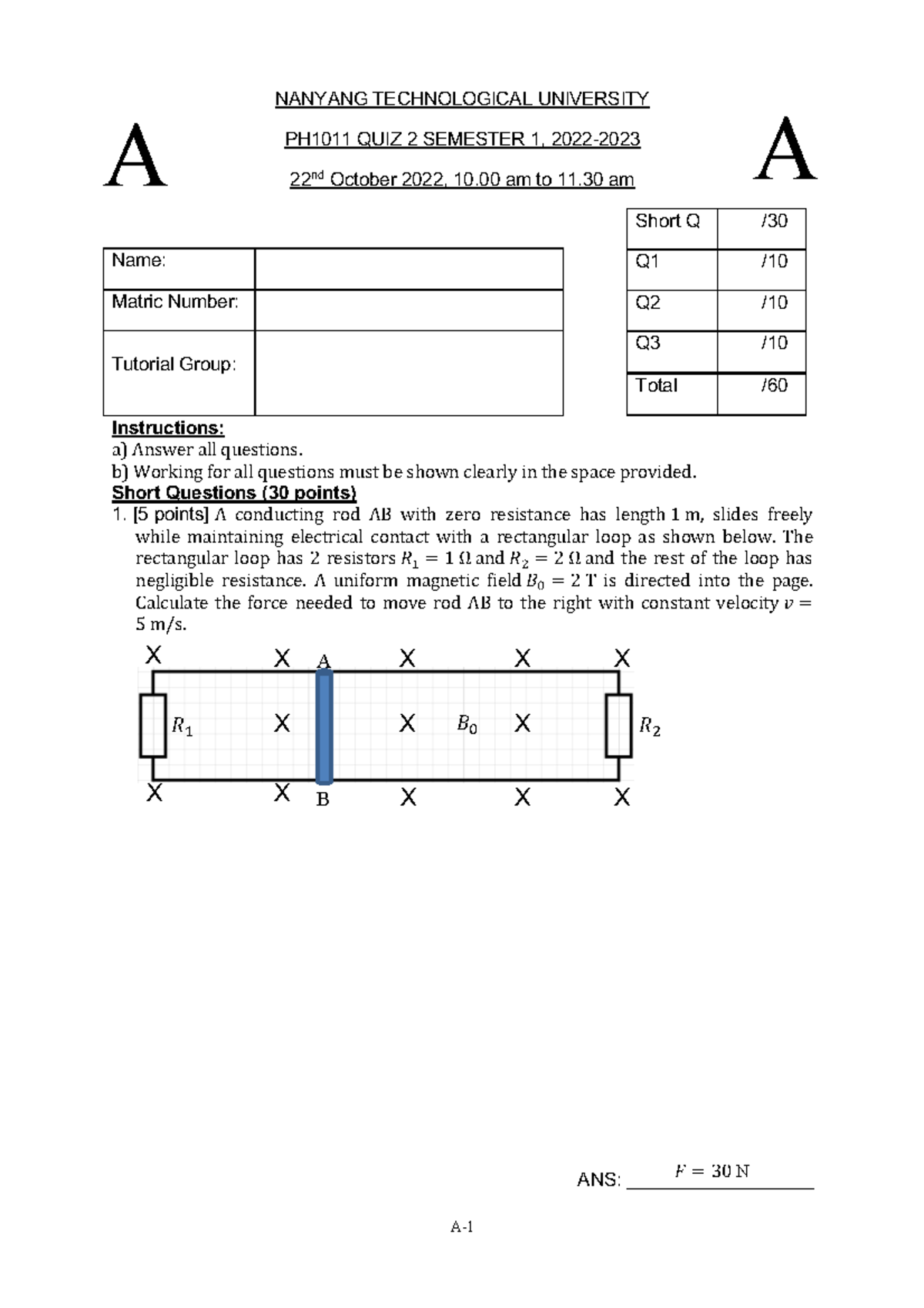 PH1011 Quiz 2 Answers & Solutions - Semester 1, 2022-2023 - Studocu