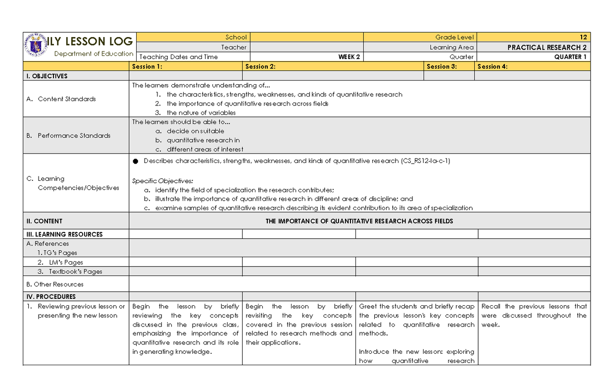DAILY LESSON LOG: Practical Research 2 (Grade 12) - Week 2 Overview ...