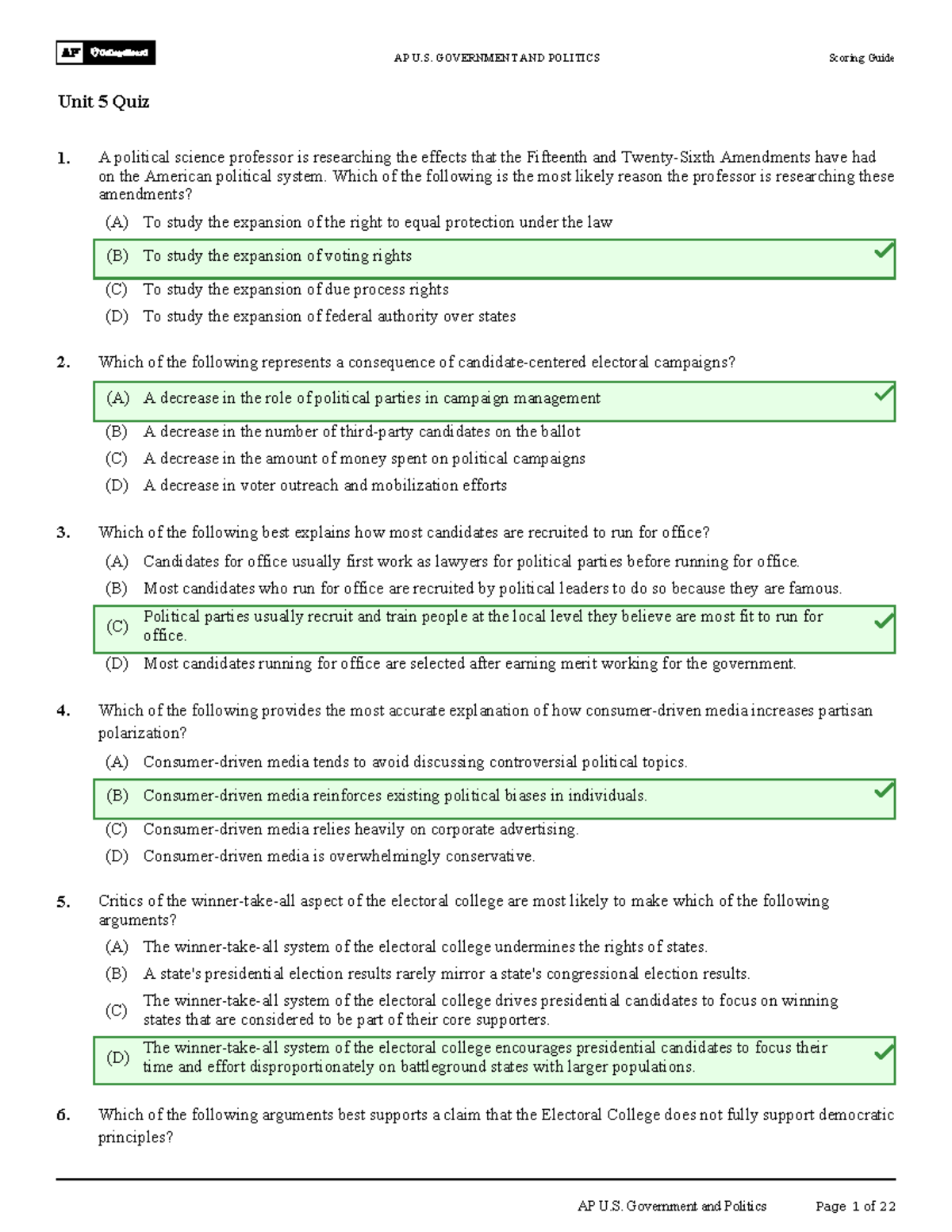 AP U.S. GOVERNMENT AND POLITICS Unit 5 Quiz Answer Key - Studocu