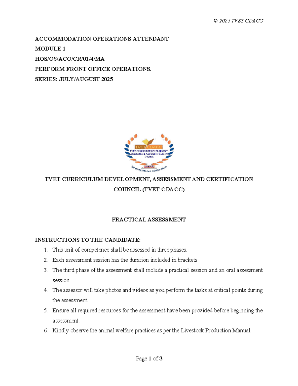 2025 TVET CDACC Module 1: Front Office Operations Assessment Guide ...