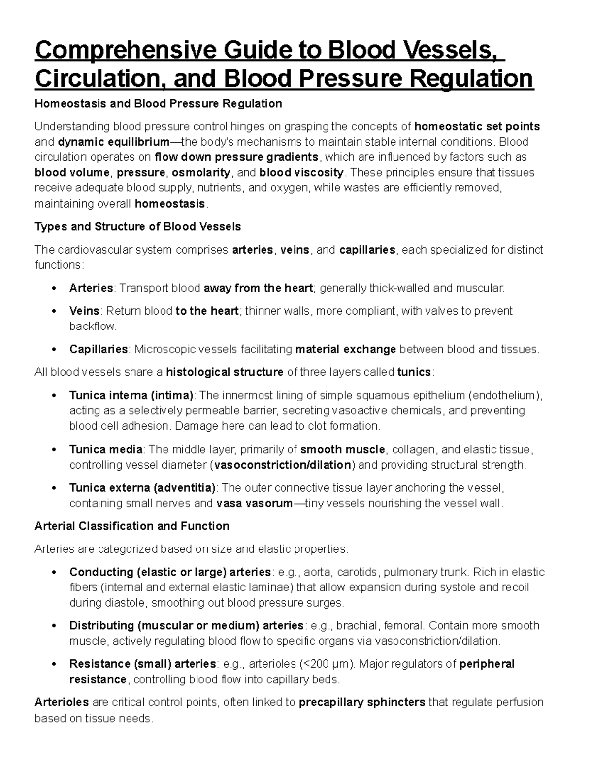 Chapter 20 Notes: Blood Vessels, Circulation & Pressure Regulation ...