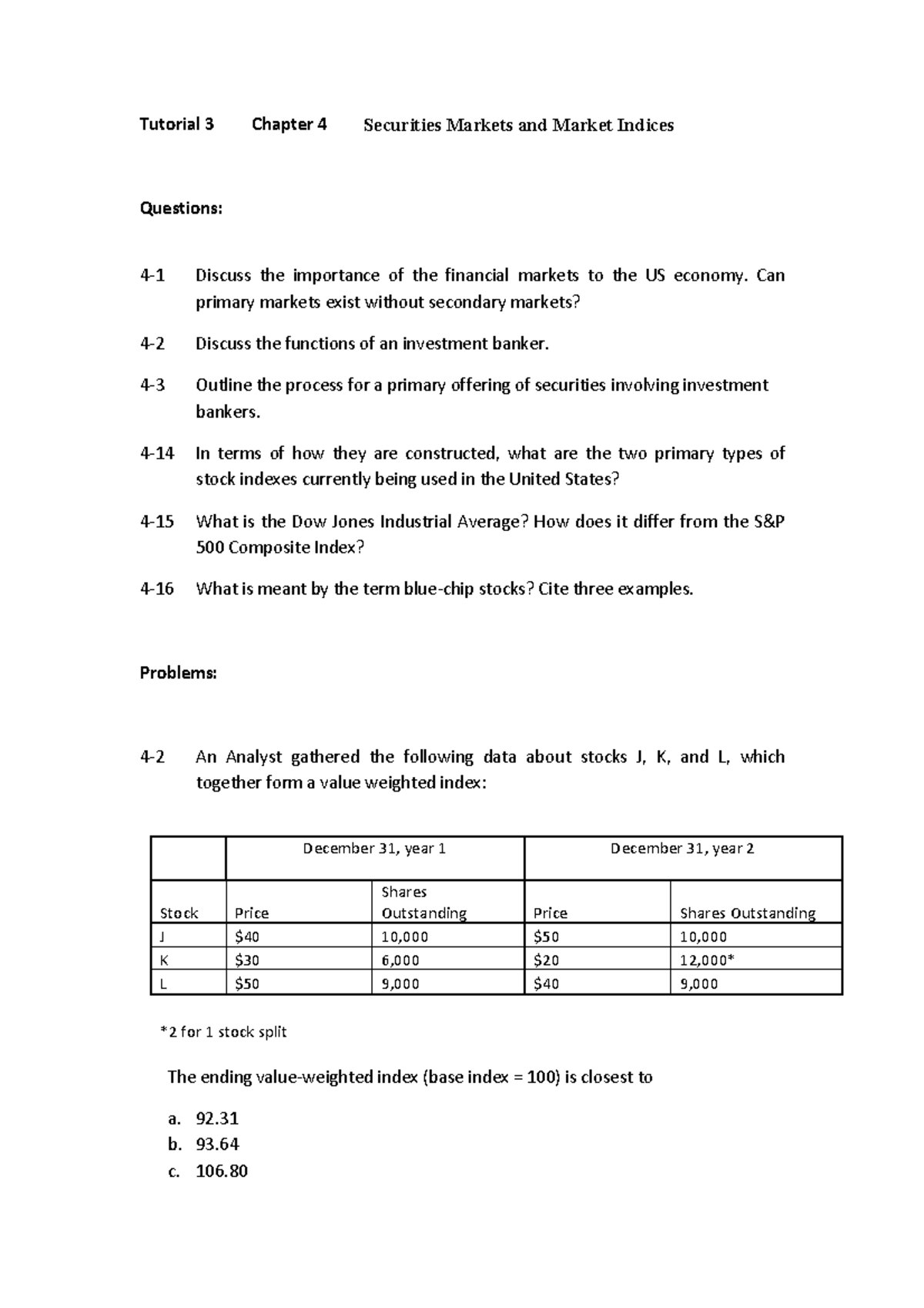 Tutorial 3 - Tutorial 3 Chapter 4 Securities Markets and Market Indices ...