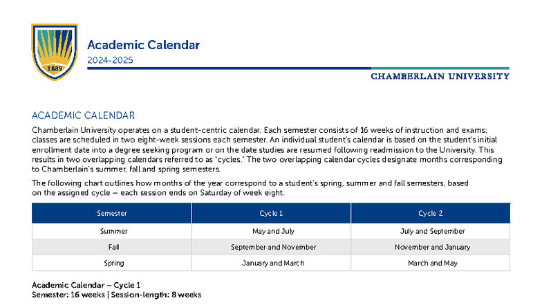 Academic-calendar - calendar for cu - Chamberlain University | National Management Offices | 233 ...