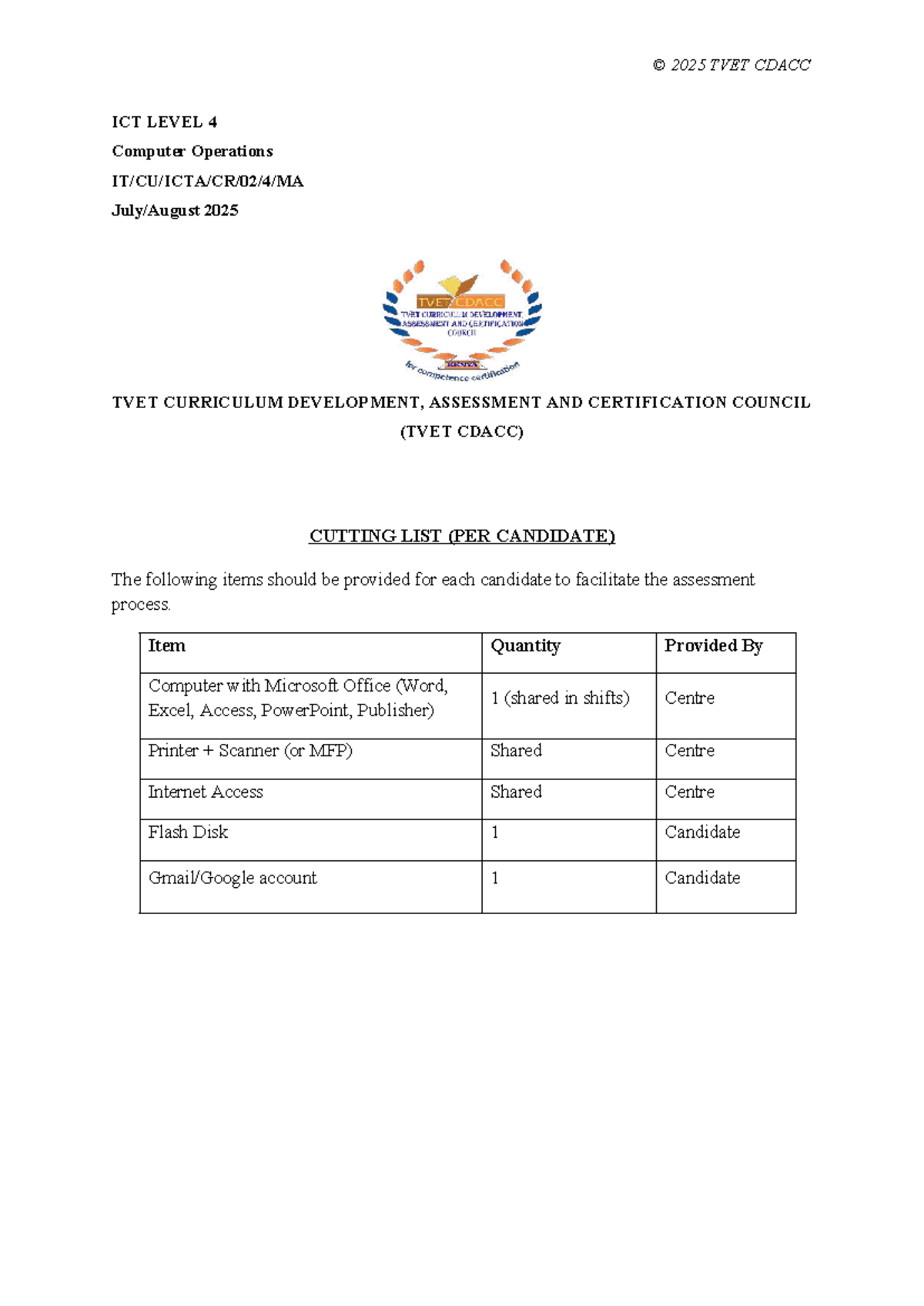 Cutting List Computer Operations Level 4 - © 2025 TVET CDACC ICT LEVEL ...