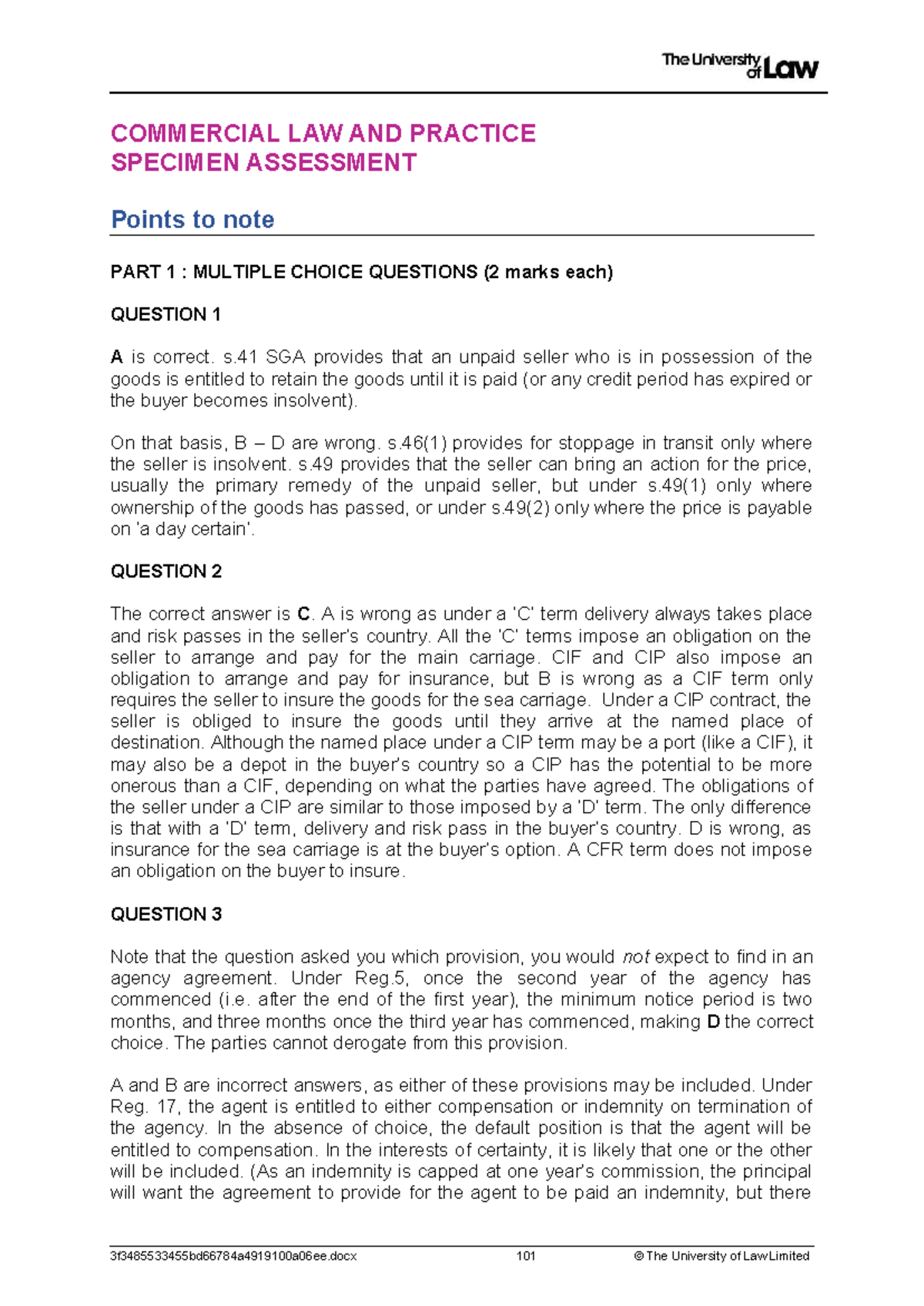 COMMERCIAL LAW CE01 SPECIMEN ASSESSMENT SAMPLE ANSWER - Studocu