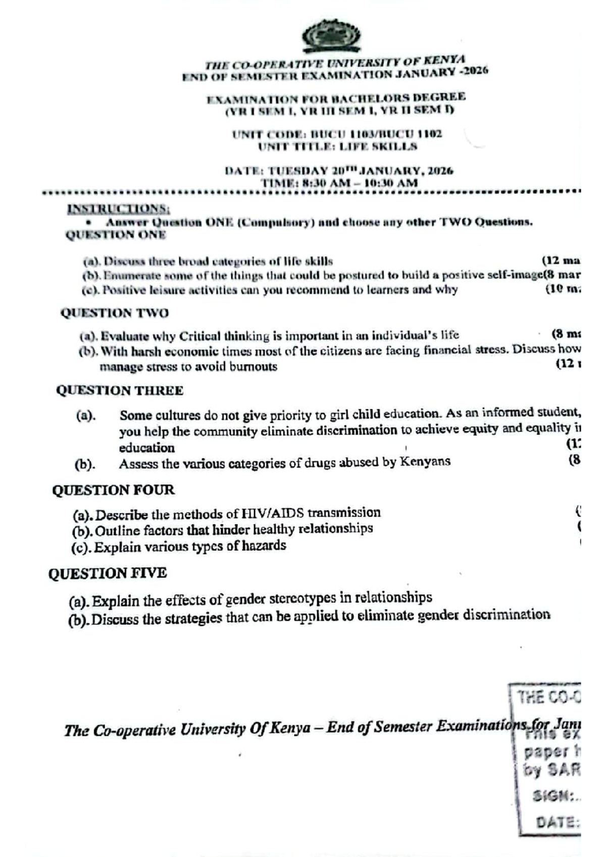 BUCU 1102 Life Skills End of Semester Exam January 2026 - Studocu