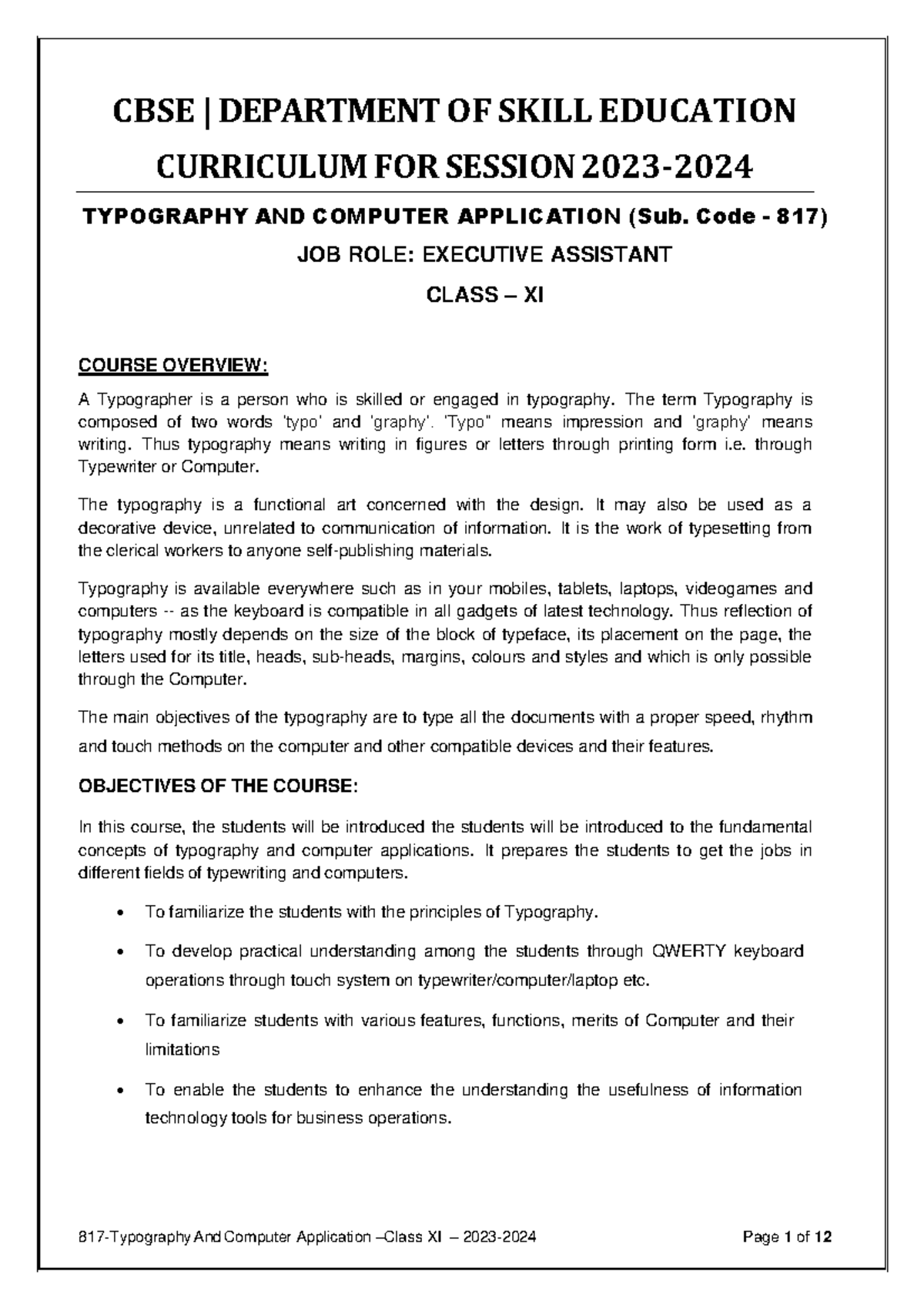 817 - Class XI Typography & Computer Applications Curriculum 2023-2024 ...
