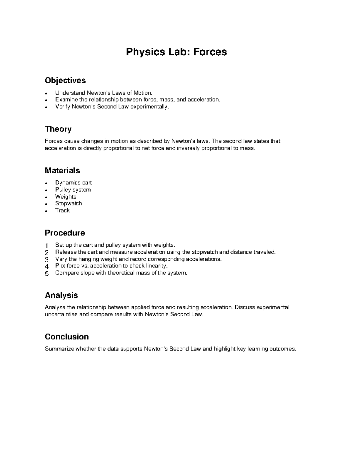 Physics Lab: Forces Lab on Laws of Motion and Acceleration - Studocu