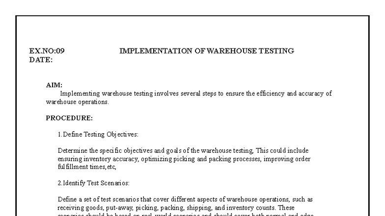 EX.NO:09 - Implementation of Warehouse Testing Procedures - Studocu