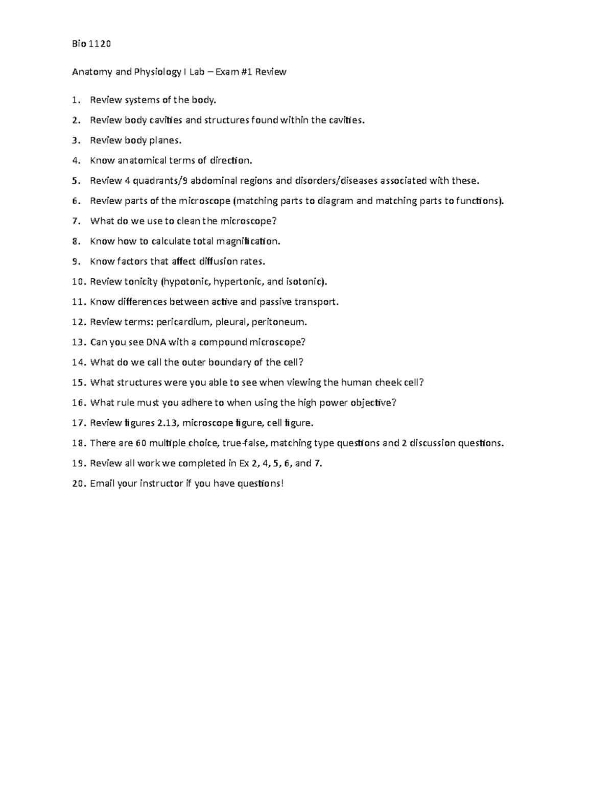 A and P I Lab Exam 1 Review-SU2020 - Bio 1120 Anatomy and Physiology I ...