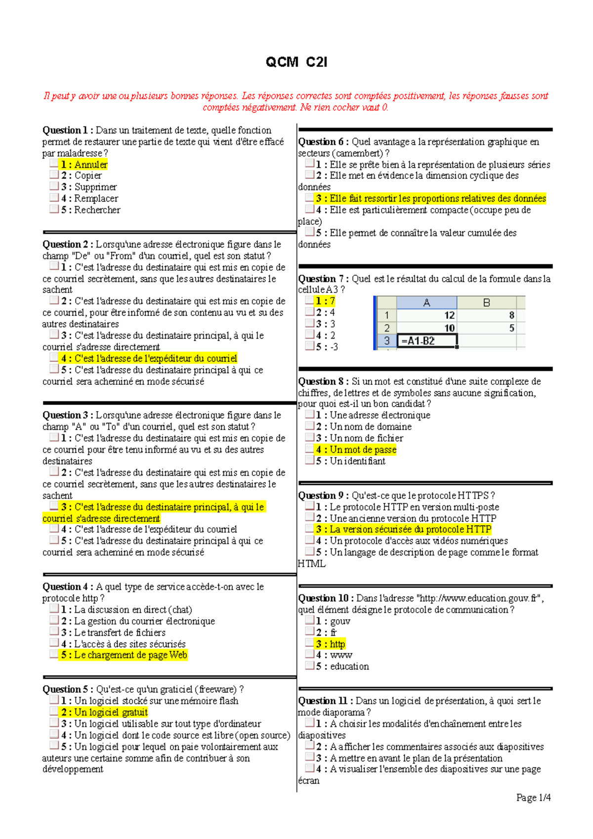 LEA2 Informatique - QCM C2i Corrigé - QCM C2I Il peut y avoir une ou ...