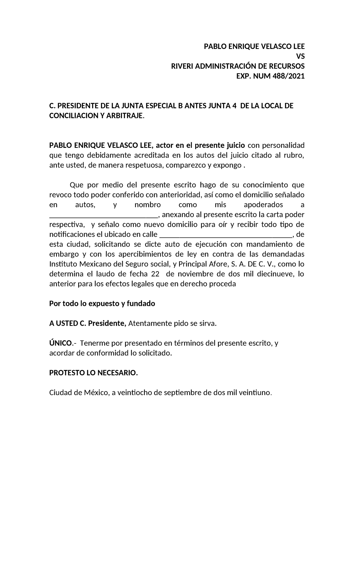 Revocación de Poder en Juicio: PABLO ENRIQUE VELASCO LEE vs RIVERI ...